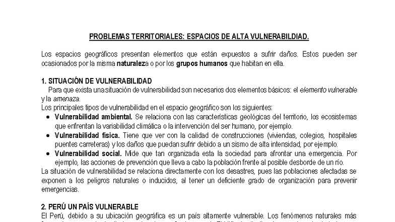Problemas Territoriales: Espacios de Alta Vulnerabilidad en Perú - Studocu