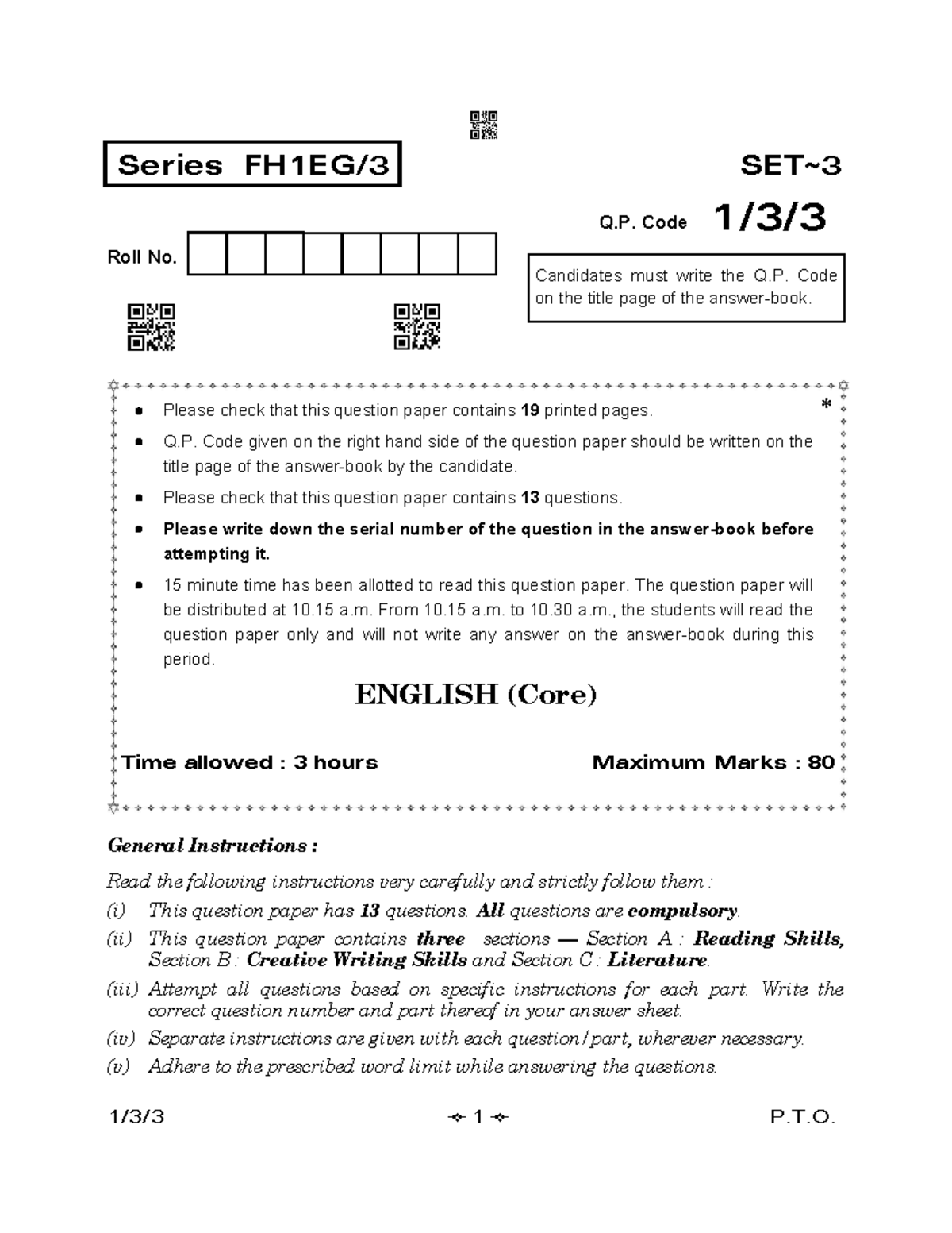 English (Core) Final Exam Q.P. Code Instructions and Question Paper ...