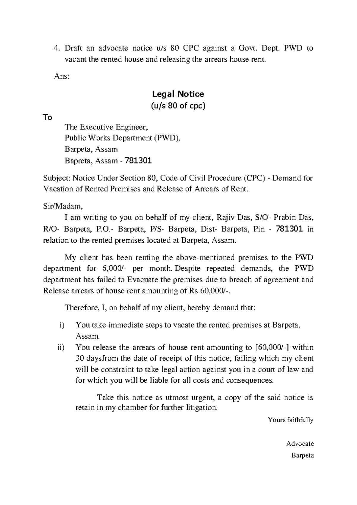 Drafting Practical Notes: Legal Notices & FIRs (CPC 80, Hindu Marriage ...