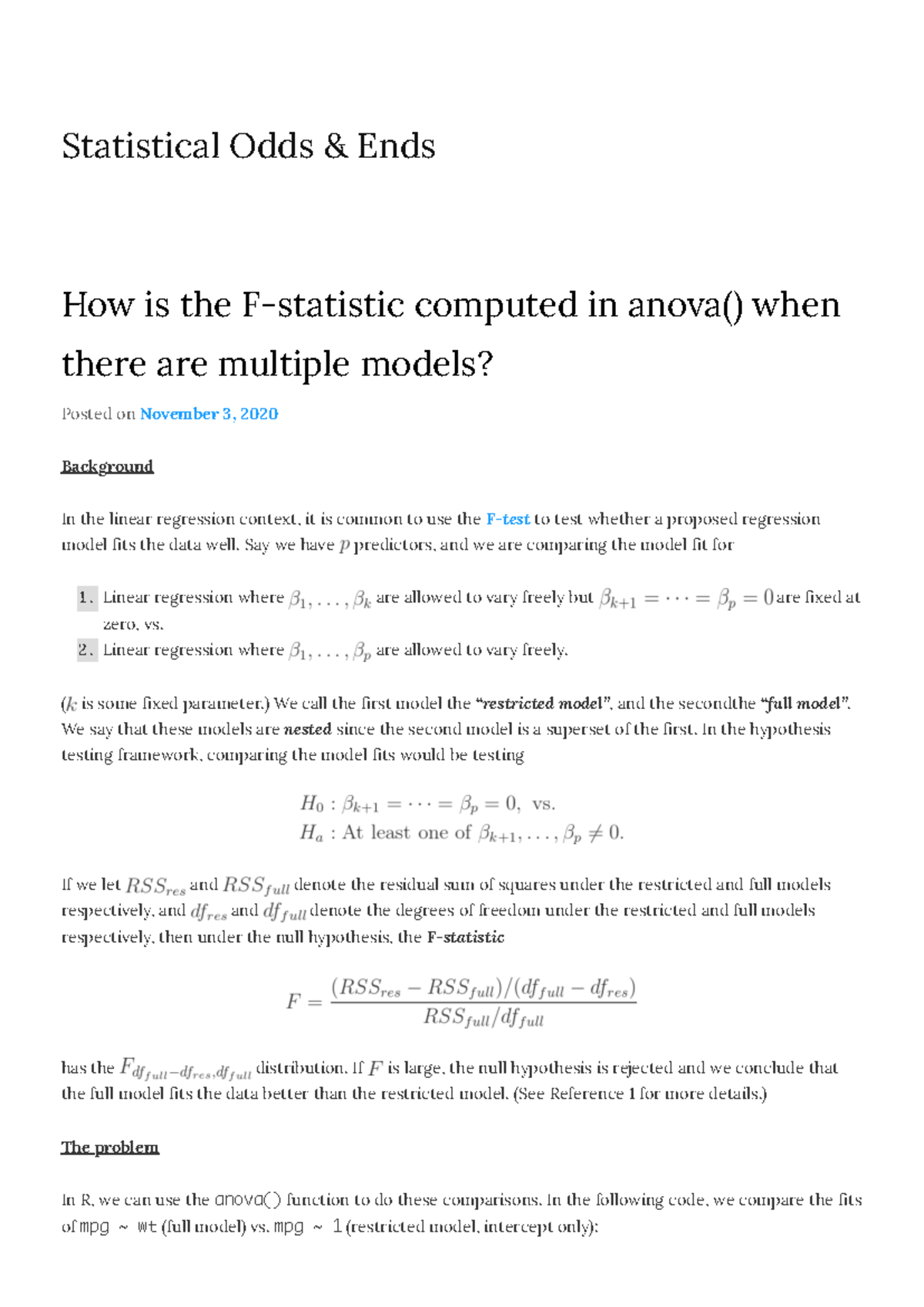 How is the F-statistic computed in anova - Say we have predictors, and ...