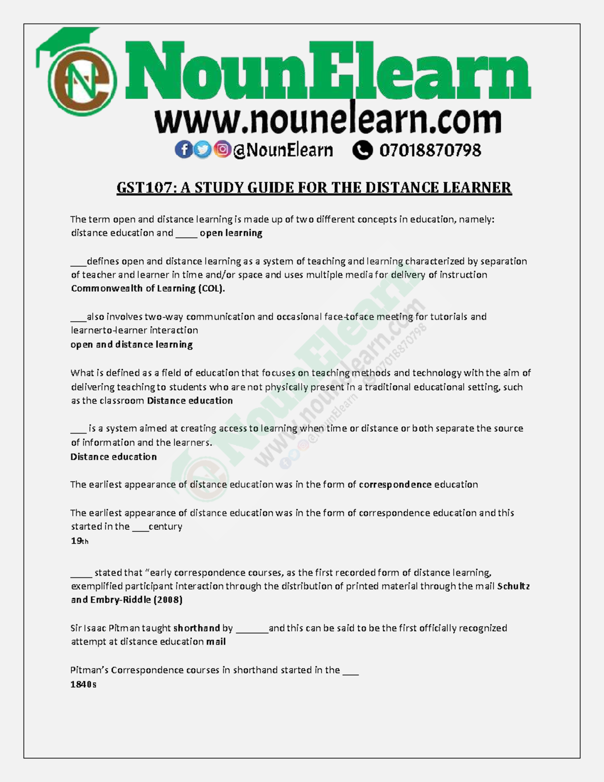 GST107: Comprehensive Study Guide for Distance Learning Success - Studocu