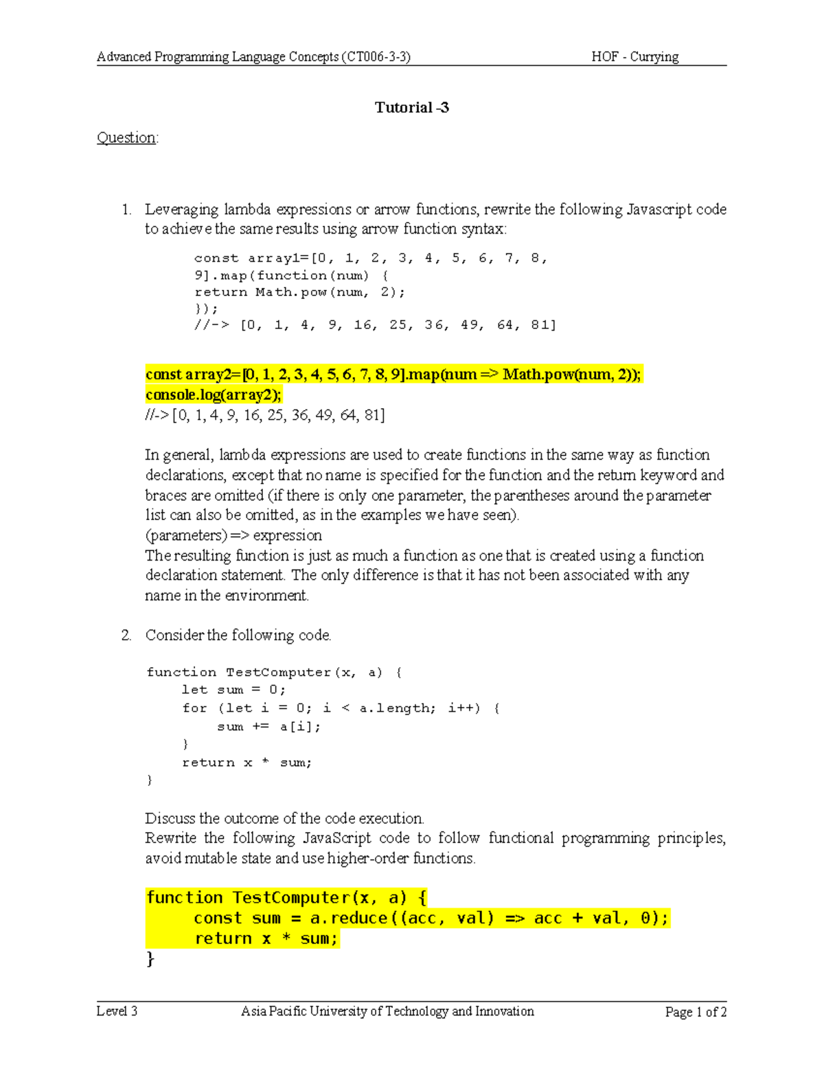 Advanced Programming Language Concepts HOF Currying Tutorial Q1-Q6 ...