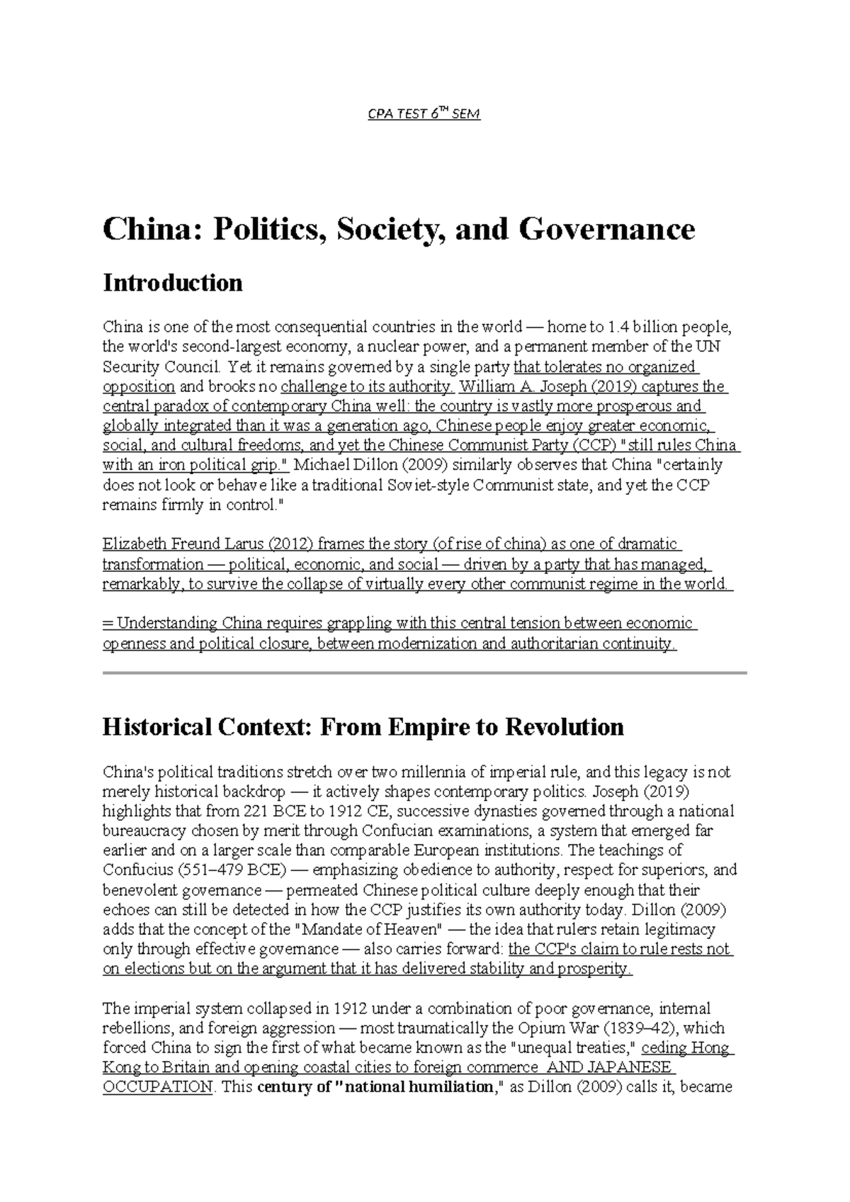 CPA TEST 6TH SEM: China’s Political Evolution and Governance Dynamics ...