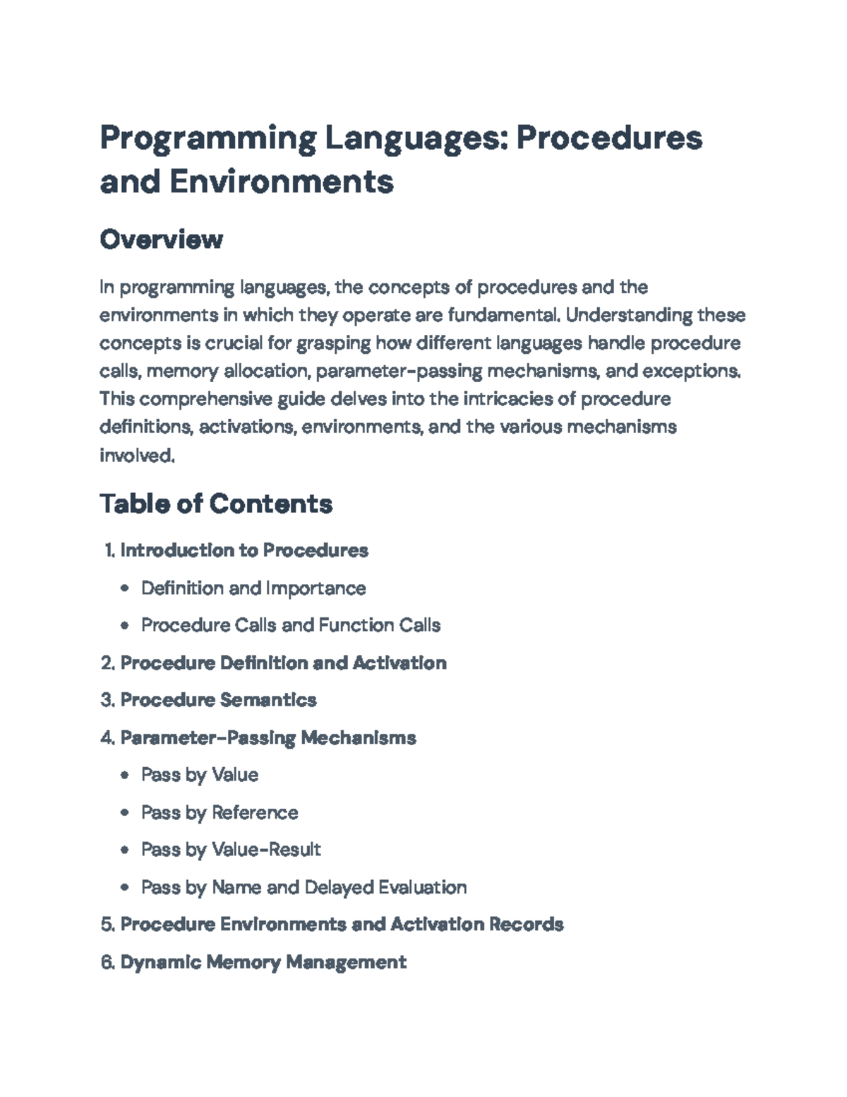 Programming Languages: Procedures and Environments Overview - Programming Languages: Procedures ...