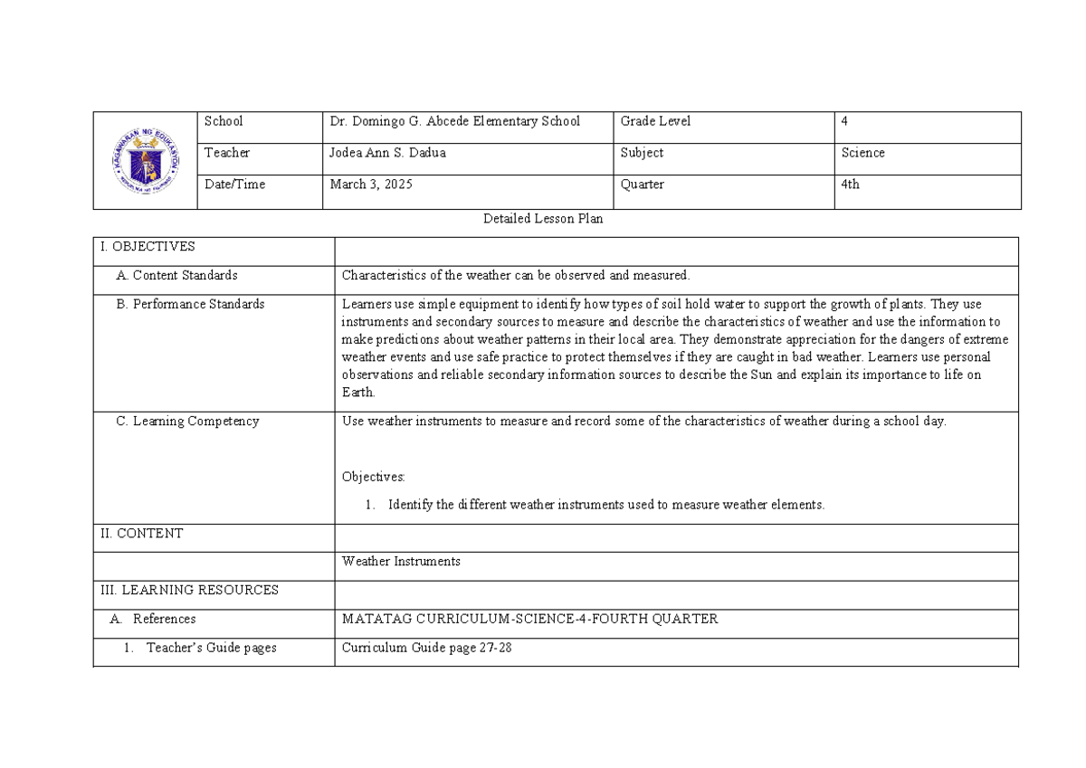 Science 4 DLP - none - School Dr. Domingo G. Abcede Elementary School Grade Level 4 Teacher ...