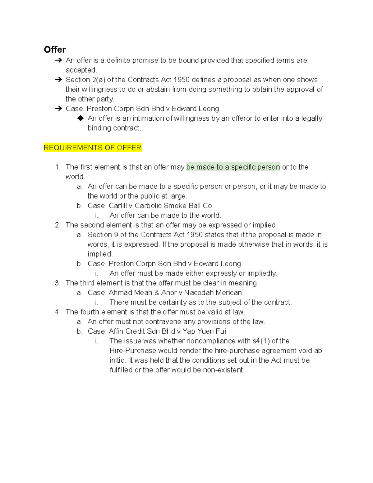 Contract 1 - Offer - Offer An offer is a definite promise to be bound ...
