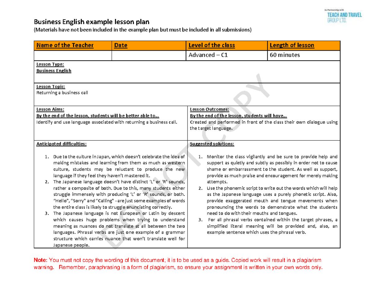 TEFL Lesson Plan: Business English - Returning a Call (C1 Level) - Studocu