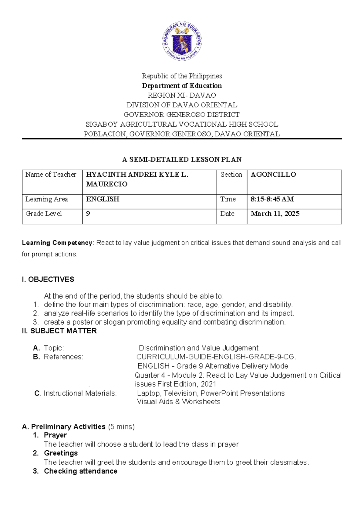 Grade 9 Lesson Plan: Understanding 4 Types of Discrimination - Studocu