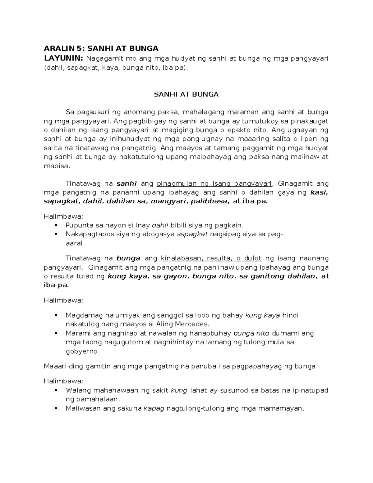 Aralin 5: Sanhi at Bunga - Pagsusuri at Halimbawang Gawain - Studocu
