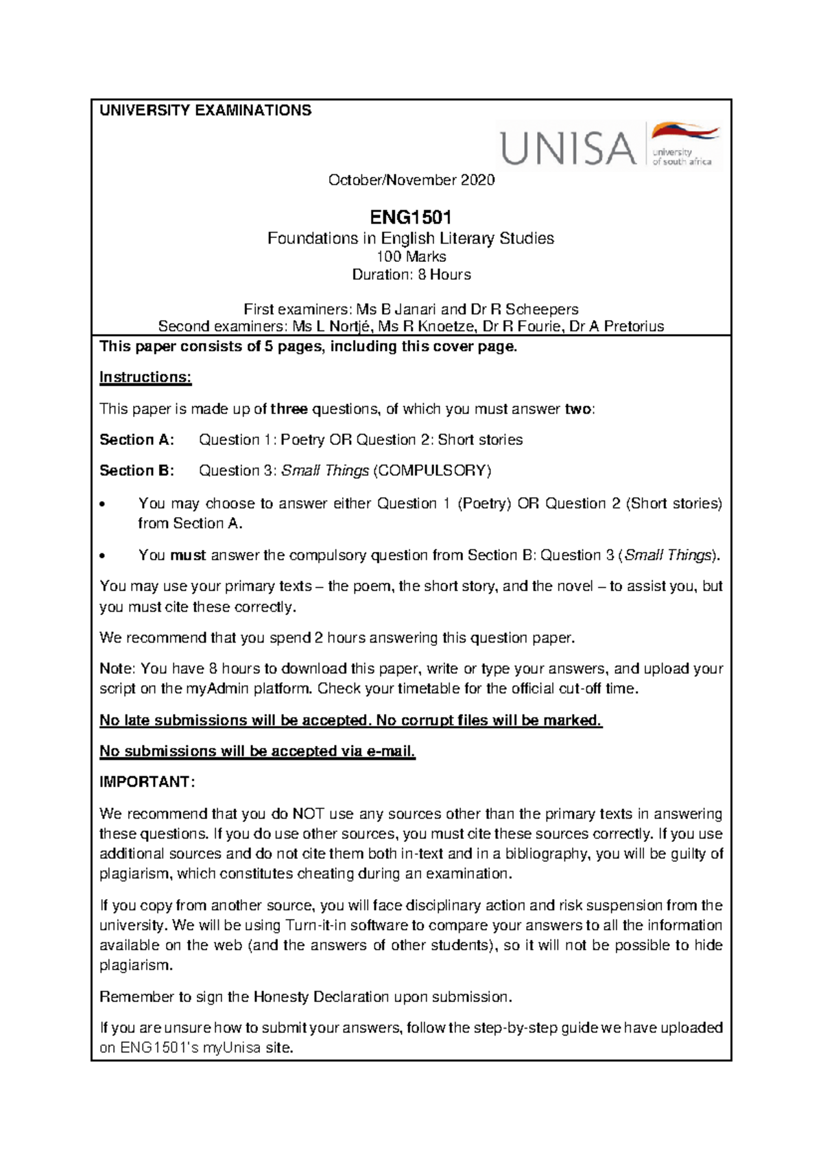 ENG1501 Final Exam Paper - Foundations in English Literary Studies (Oct ...