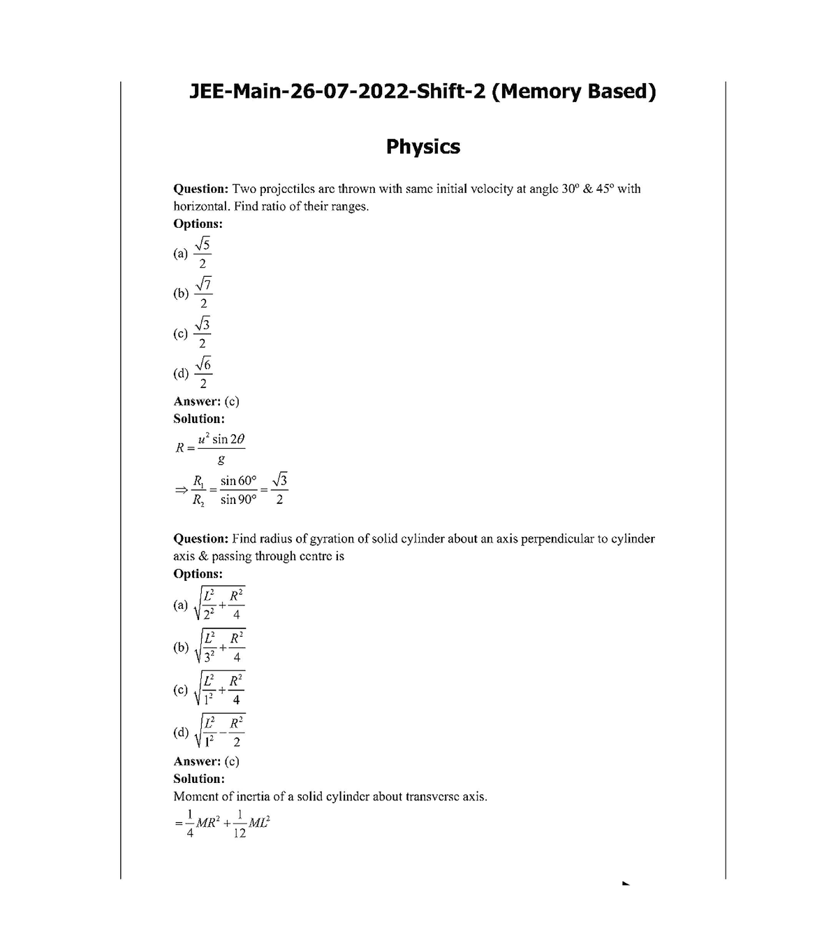 JEE 2022 Physics Questions & Solutions - Shift 2 (26 July) - Studocu