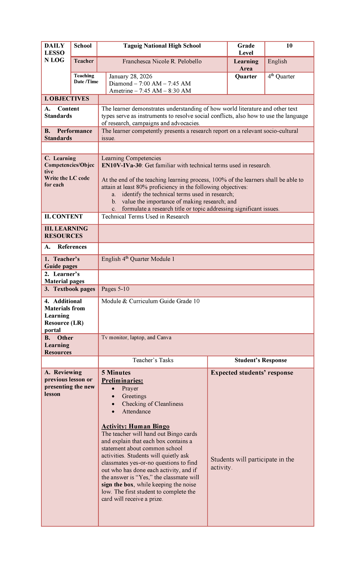 Grade 10 English DLP: Daily Lesson Log for 4th Quarter - Studocu