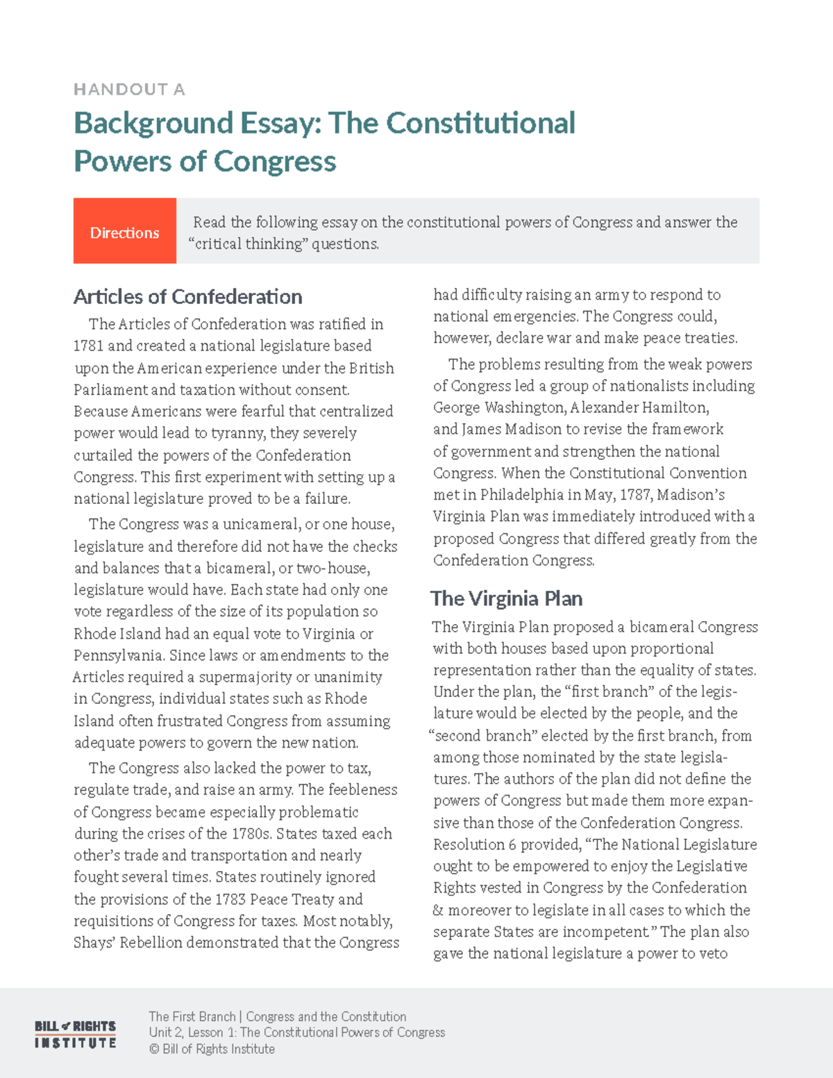 The First Branch: Constitutional Powers of Congress - Unit 2, Lesson 1 ...