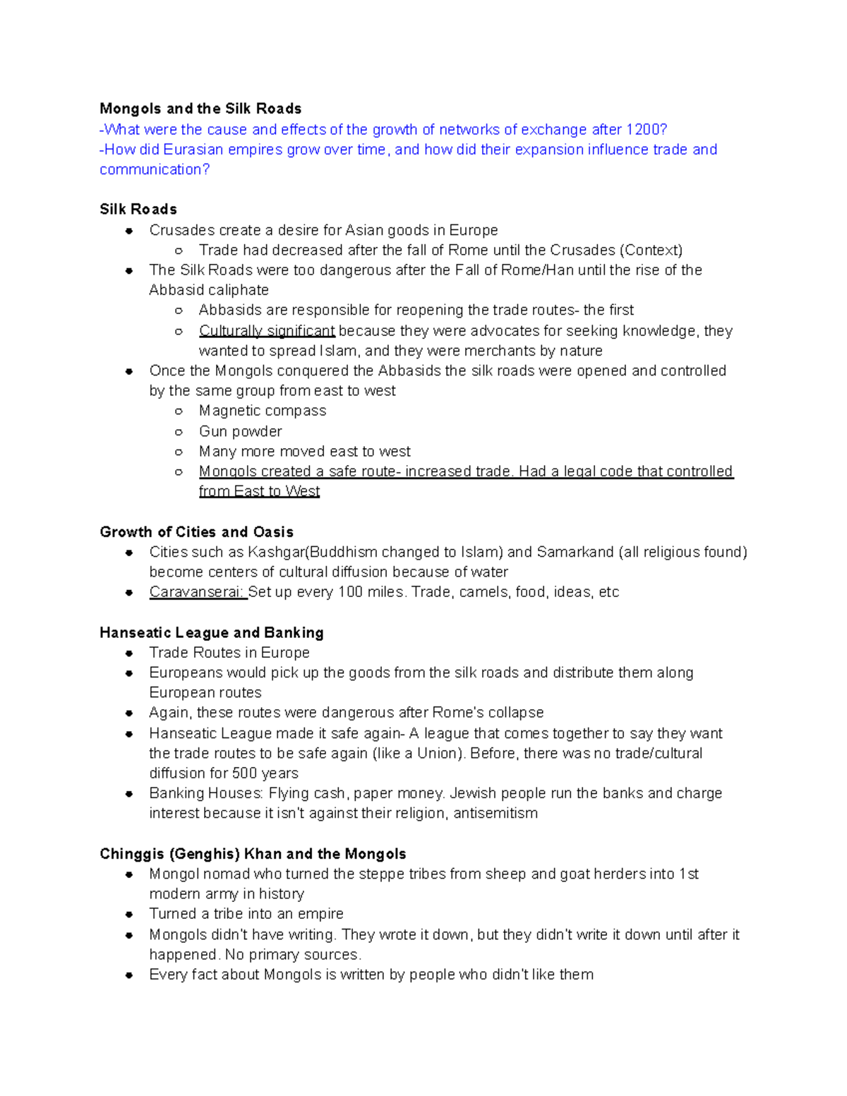 Mongols and the Silk Roads: Causes, Effects, and Cultural Impact - Studocu