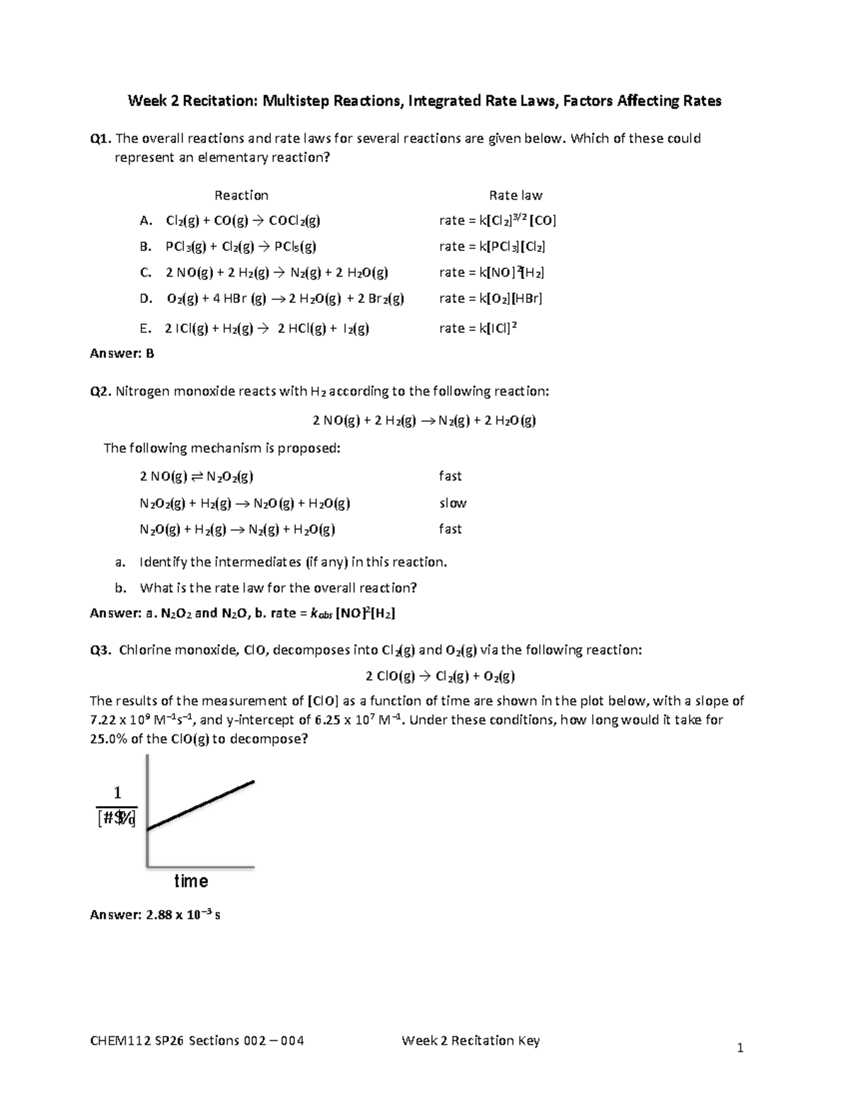 CHEM112 Week 2 Recitation Key: Multistep Reactions & Rate Laws - Studocu