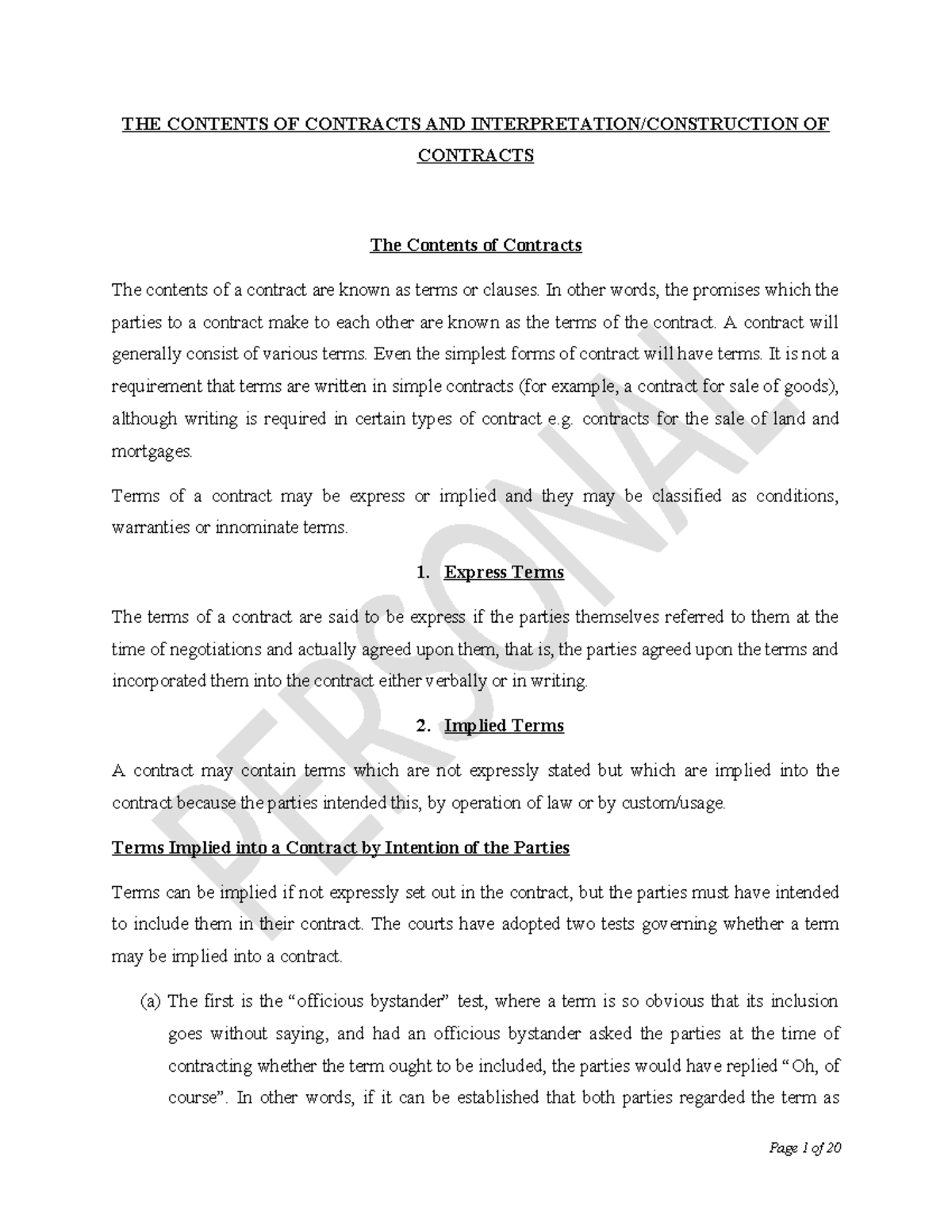 The Contents of Contracts - Class Notes (LAW 101) - Studocu