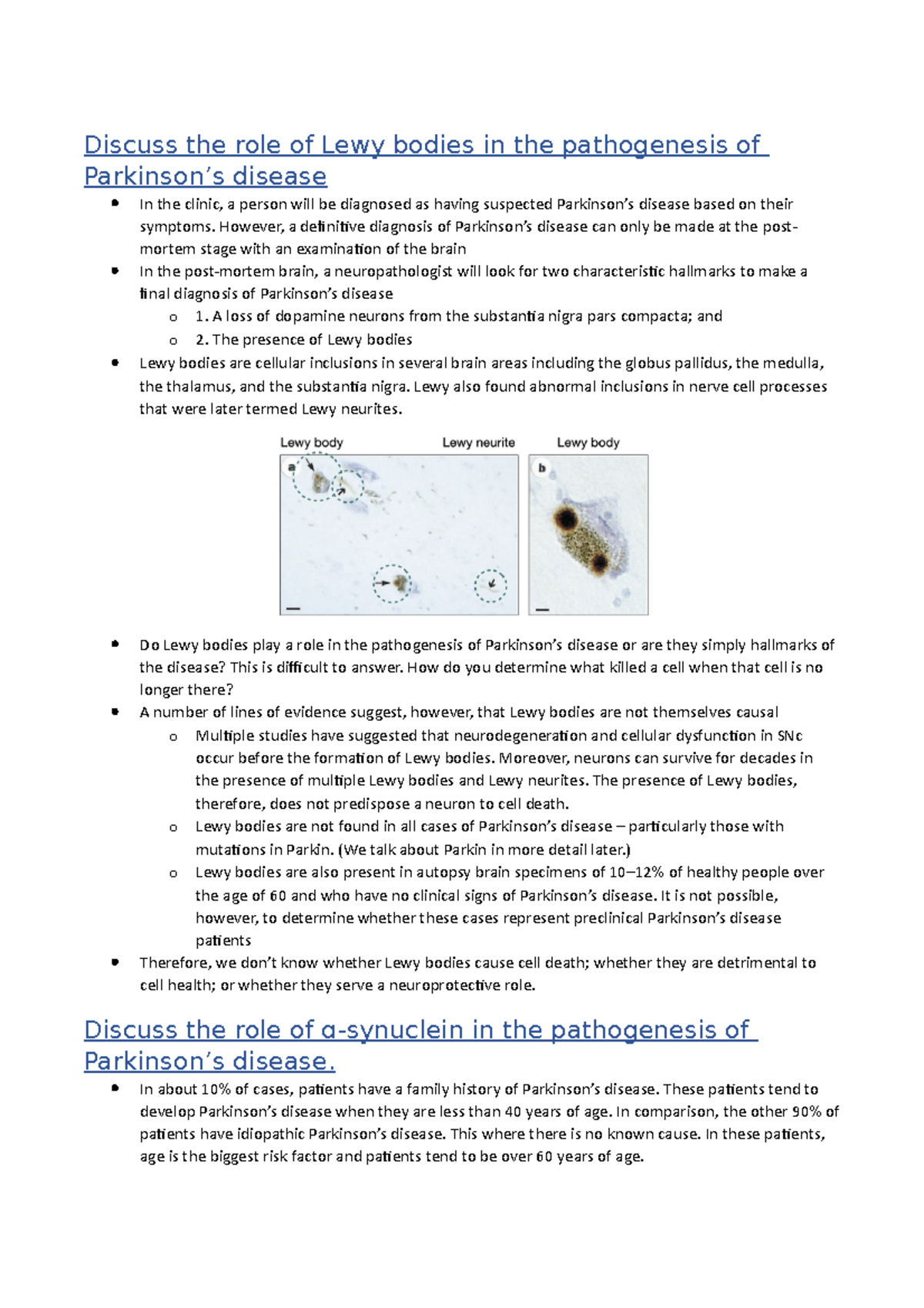 Molecular basis of parkinsons - Discuss the role of Lewy bodies in the ...