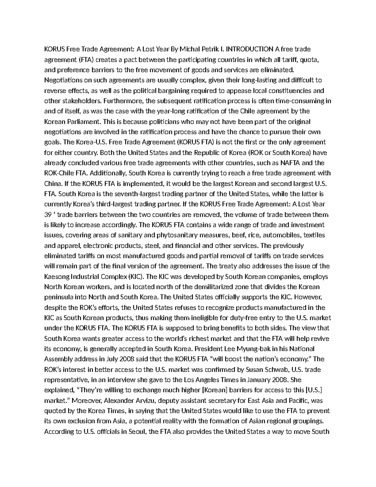 KORUS FTA: Analyzing the Controversies and Challenges of 2008 - Studocu