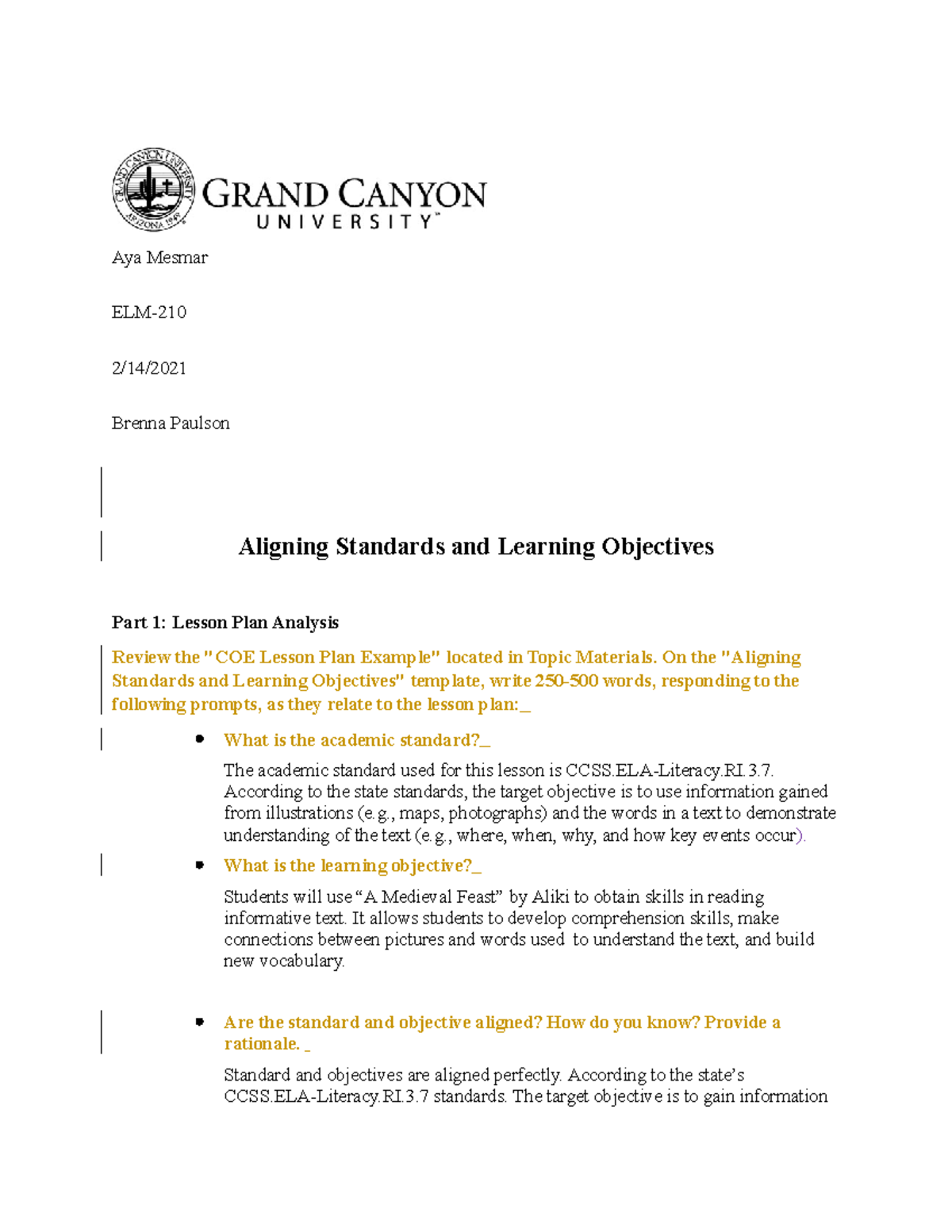 ELM-210 Week 2: Analyzing Standards & Learning Objectives Alignments ...