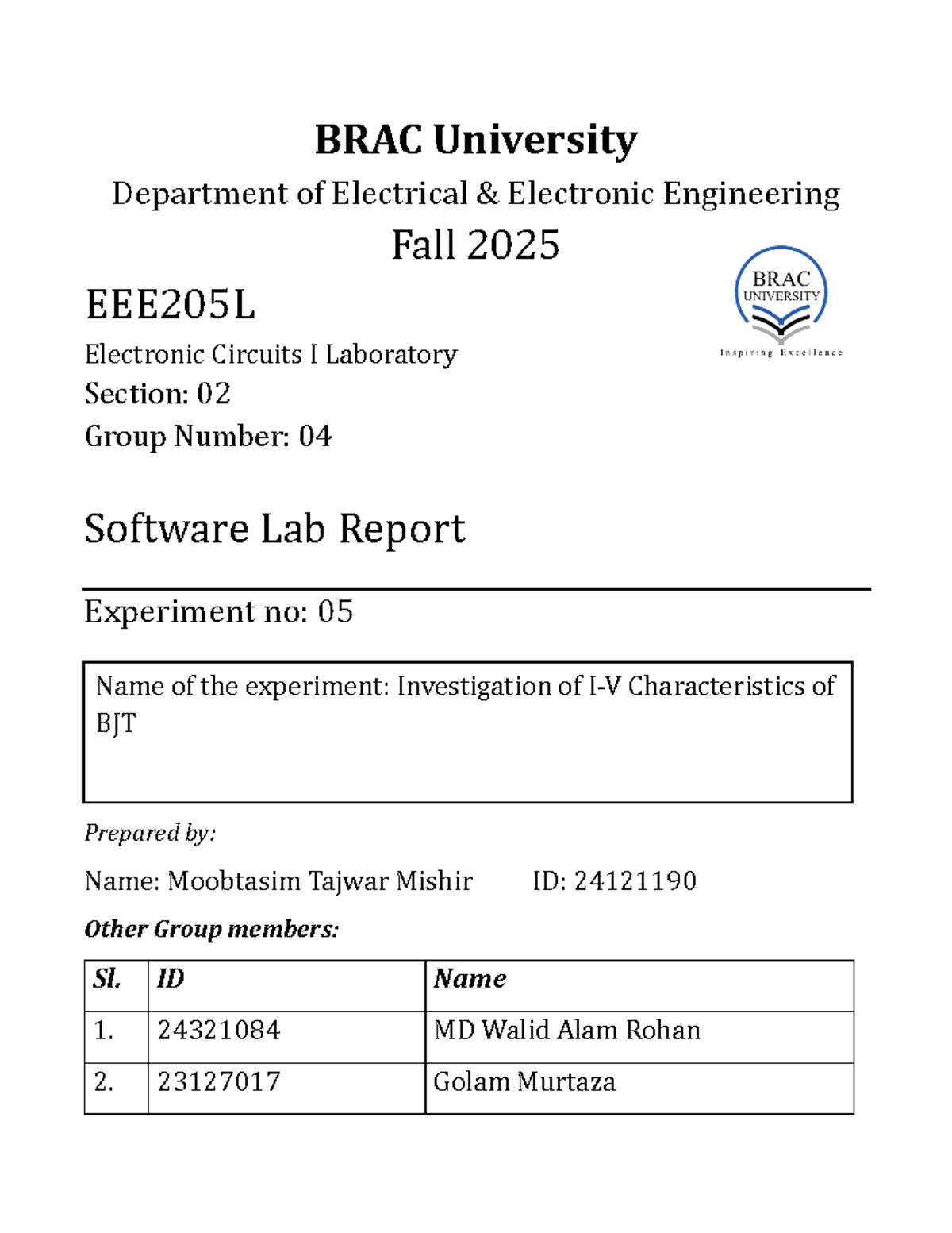 Group 4 EEE205L Sec2 Fall 2025 BJT Characteristics Lab Report - Studocu