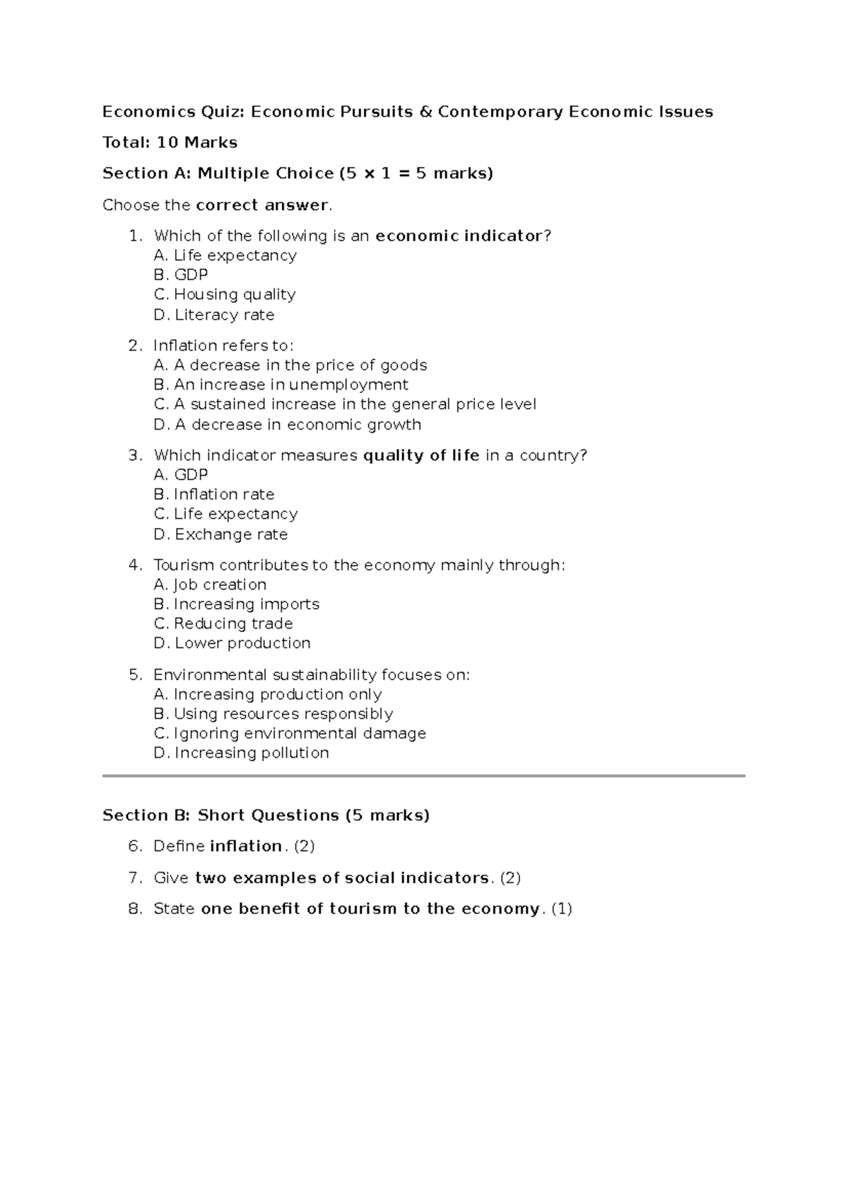 Economics Quiz 2: Practice Material on Economic Issues - Studocu