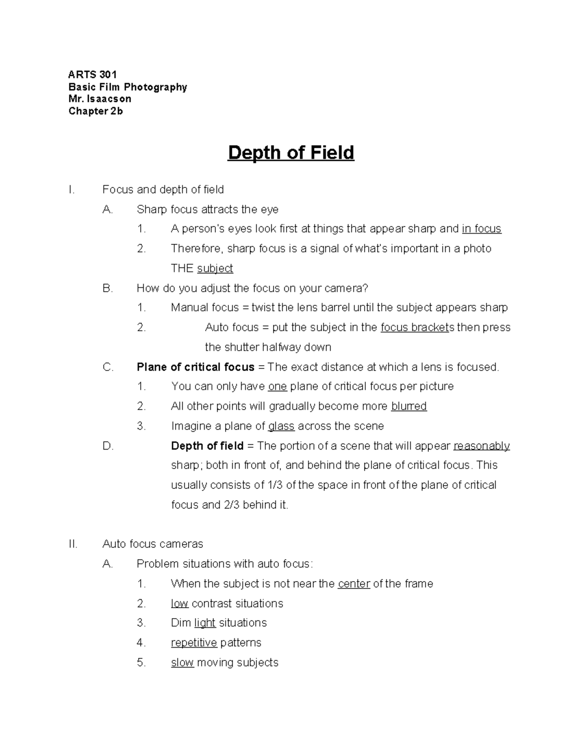 ARTS 301: Chapter 2b - Understanding Depth of Field in Film Photography ...