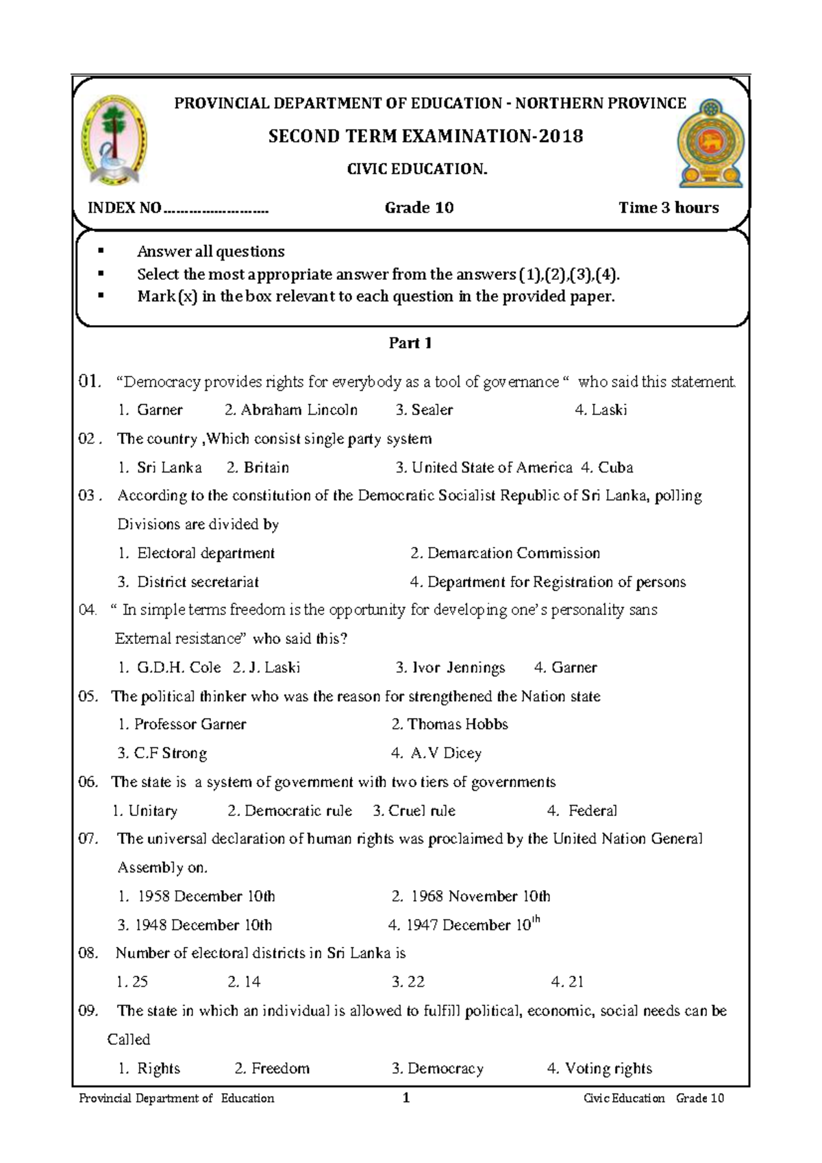 Civic Education Grade 10 - Second Term Exam Questions and Answers - Studocu