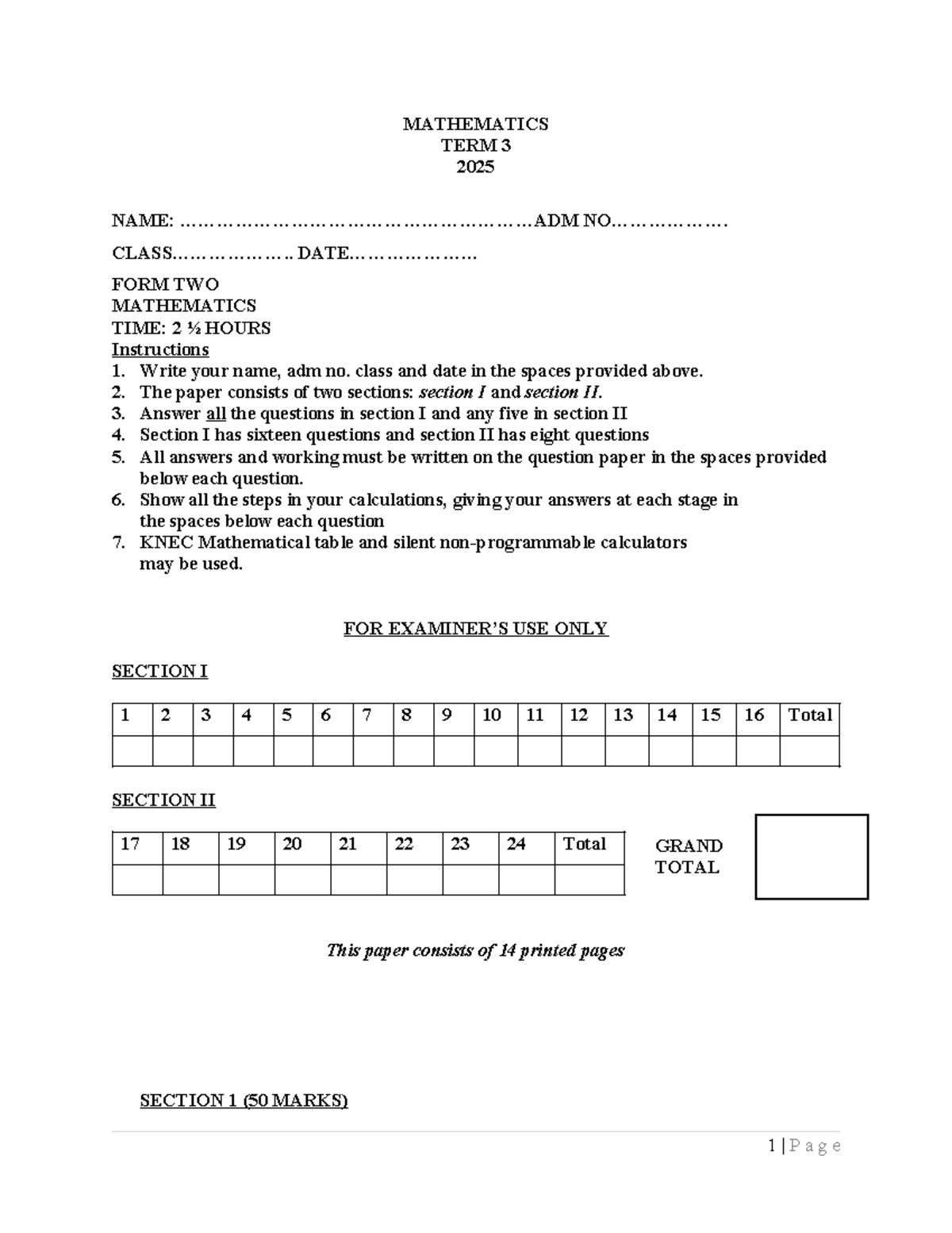 F2 Mathematics Term 3 Exam Questions and Instructions - Studocu