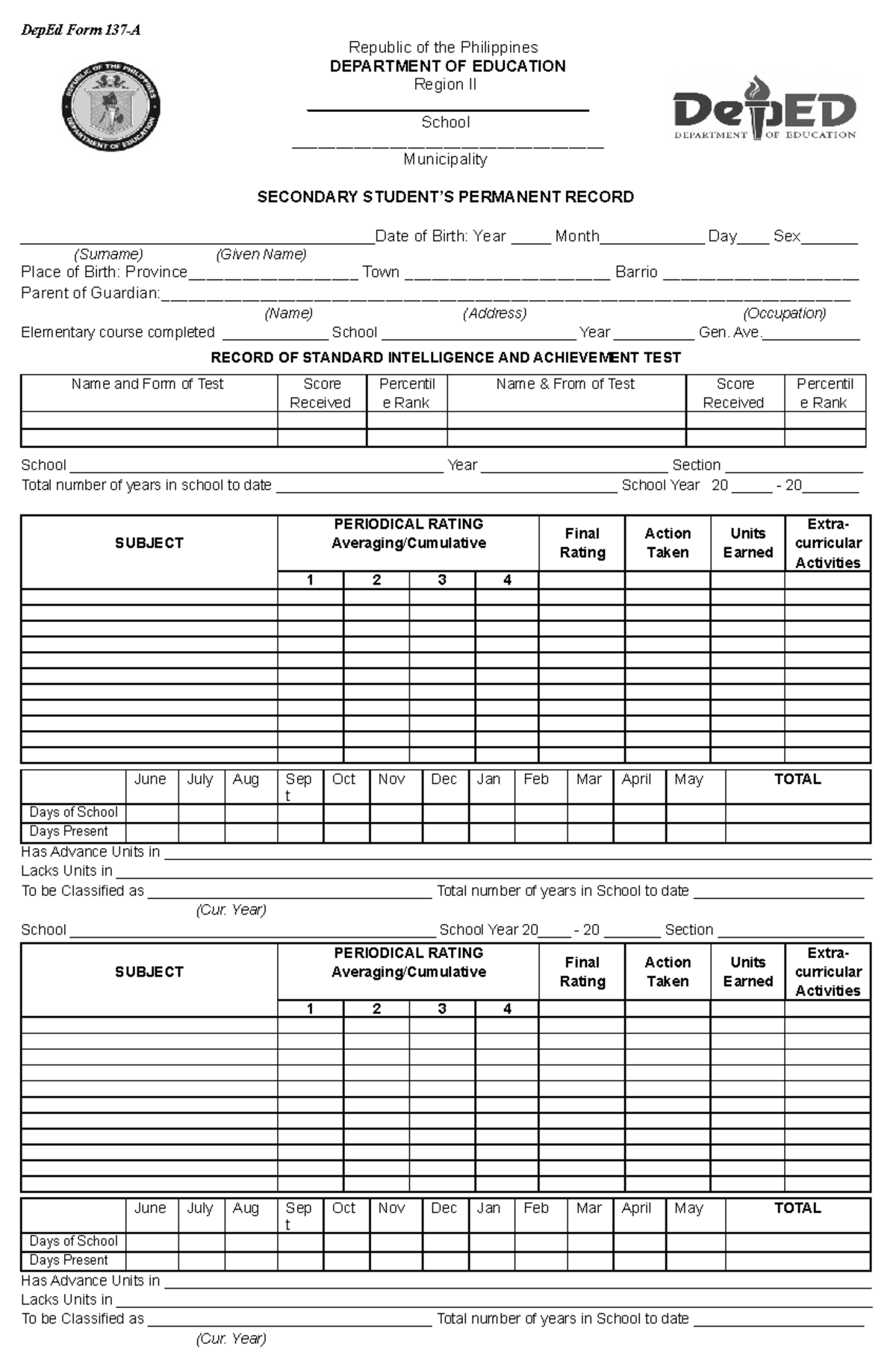 DepEd Form 137-A: Secondary Student Permanent Record Template - Studocu