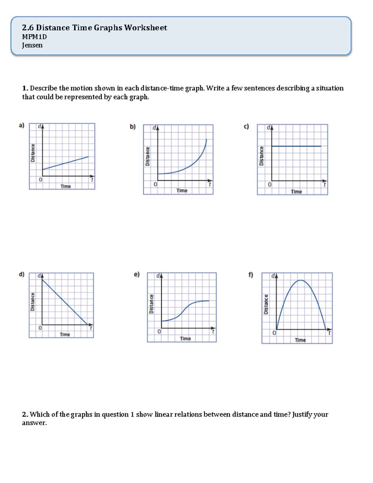 MTH1W 5.4 HW Distance-Time Graphs Analysis and Exercises - Studocu