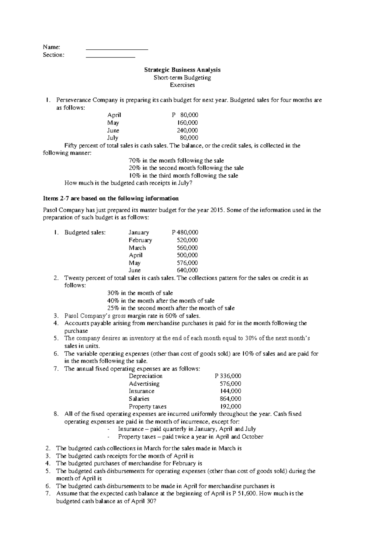 Strategic Business Analysis: Short-Term Budgeting Exercises - Studocu