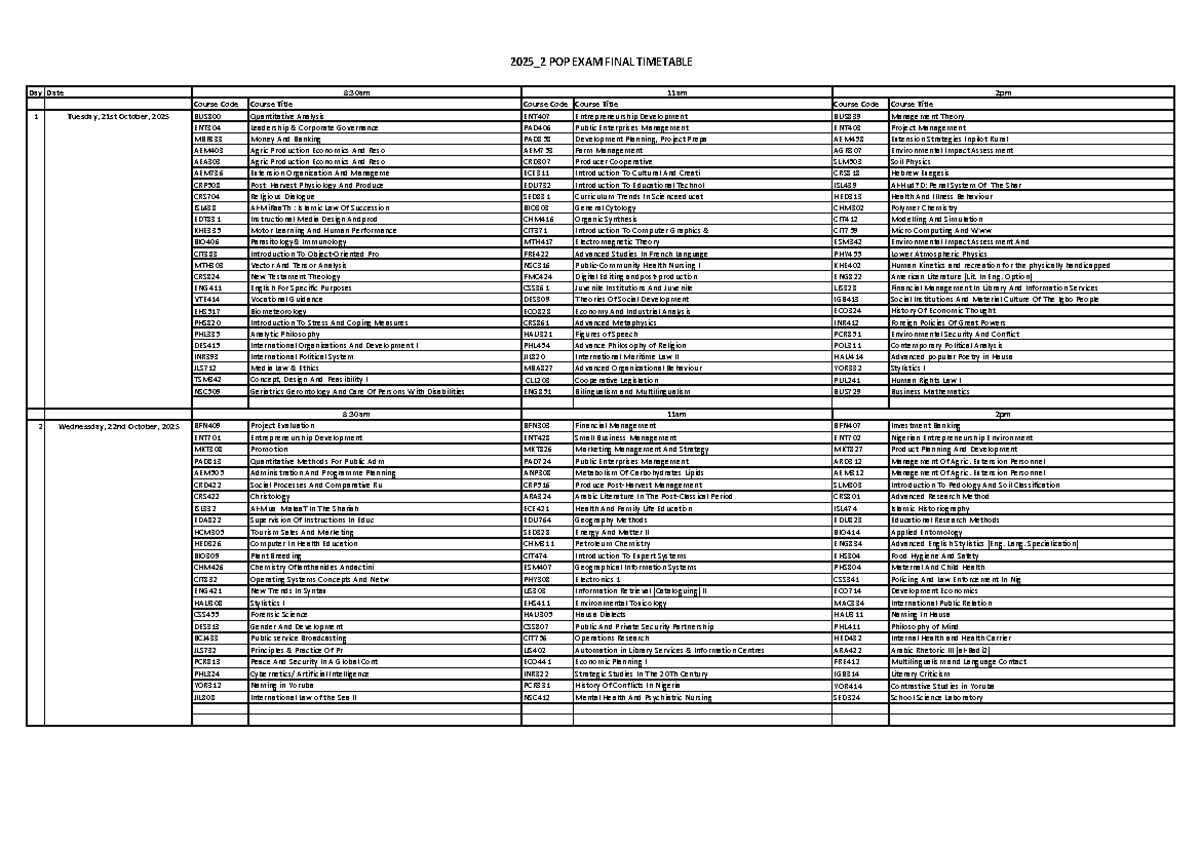 2025_2 POP EXAM Final Timetable for All Courses - Studocu