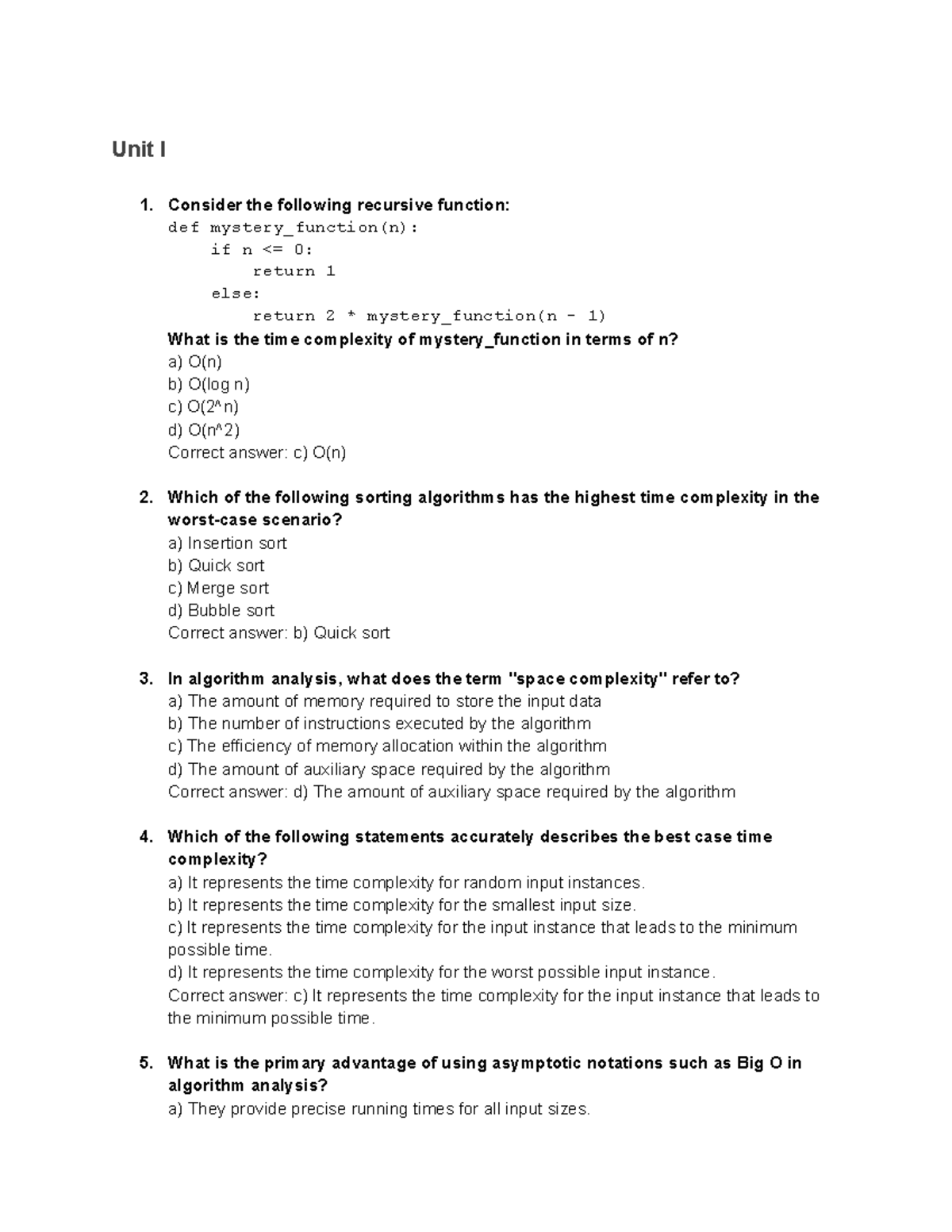 Sample Questions for MTE Prep - Unit I Consider the following recursive ...