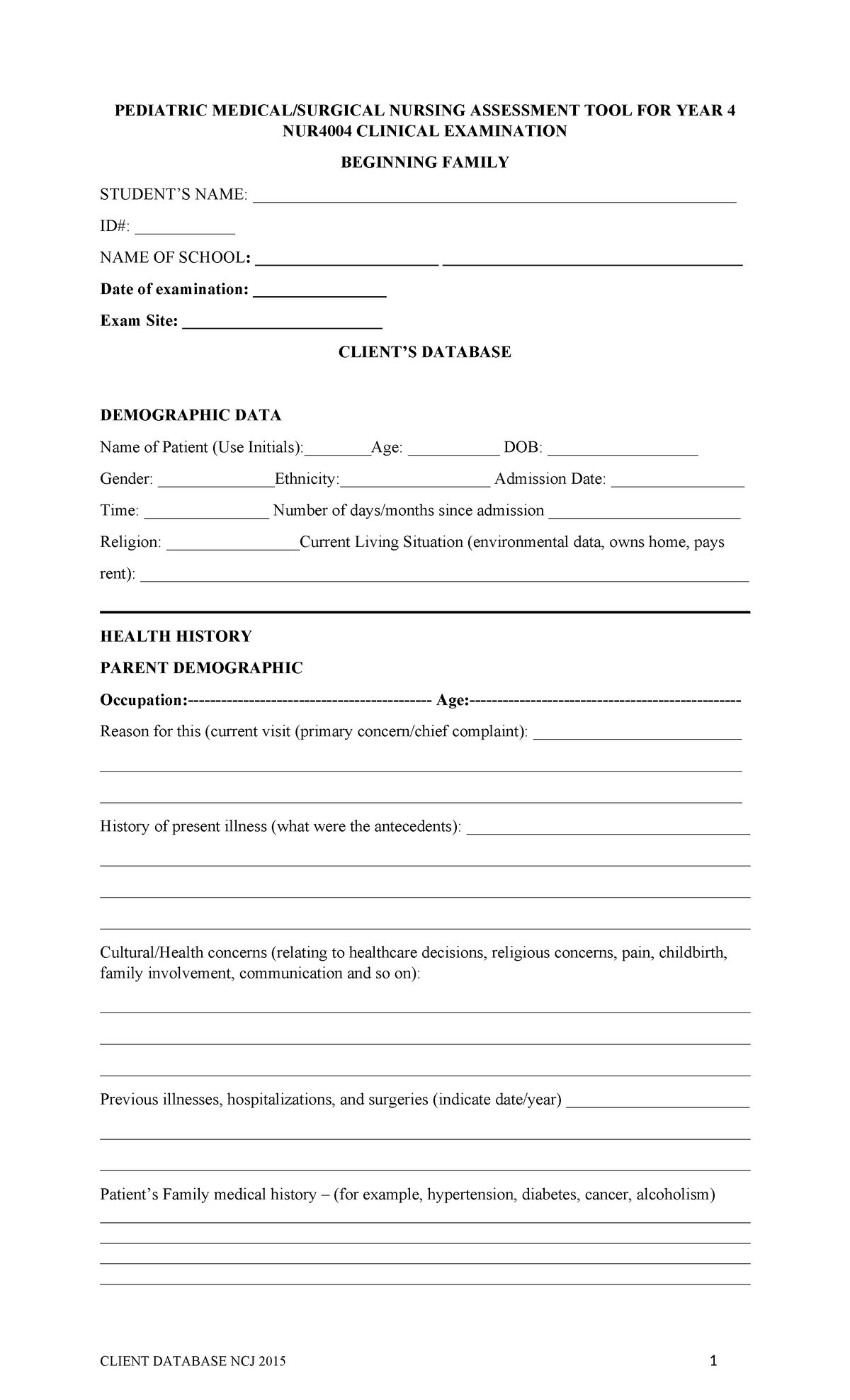 Pediatric Client Database - NCJ Clinical Examination - PEDIATRIC ...