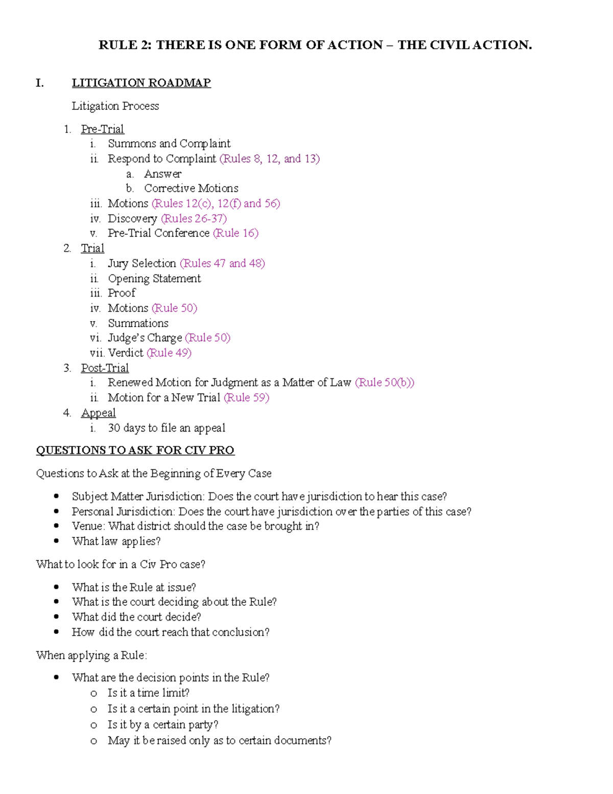 CIV PRO Outline: Understanding the Civil Action Process and Key Rules ...