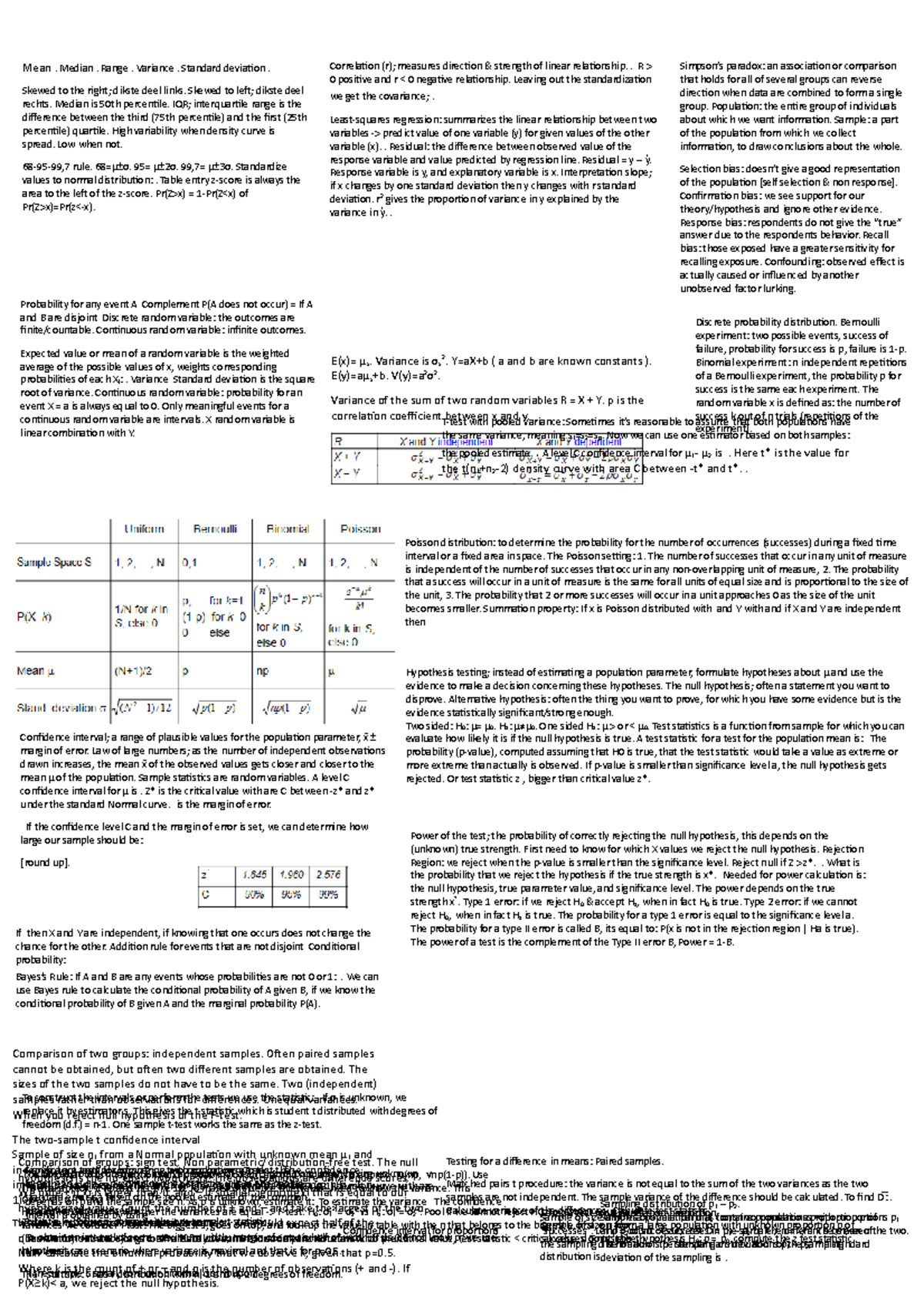Toegepaste Statistiek Cheat Sheet: Correlation, Probability, and Tests ...