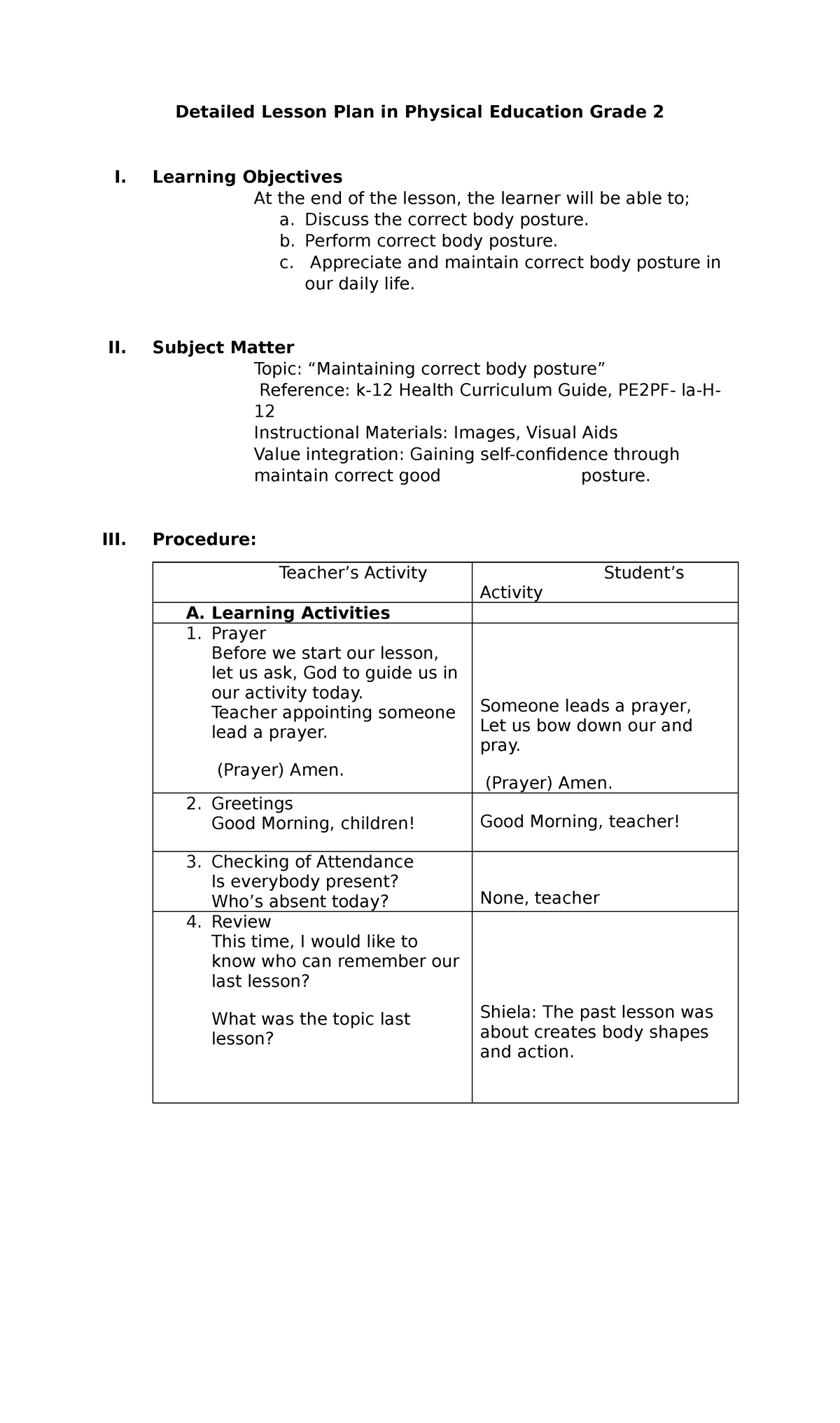 Lesson Plan: Physical Education Grade 2 - Correct Body Posture - Studocu
