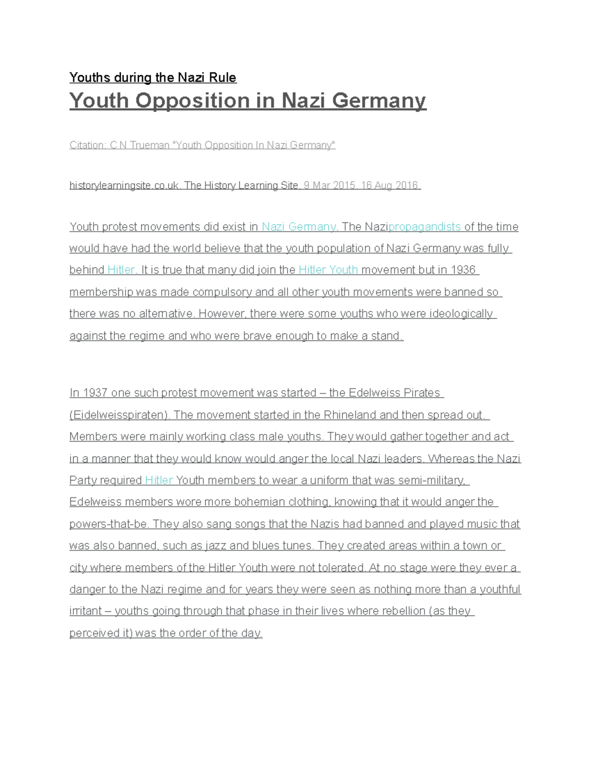 Nazi Germany (HIST 202) - Youth Resistance and Opposition Notes - Studocu