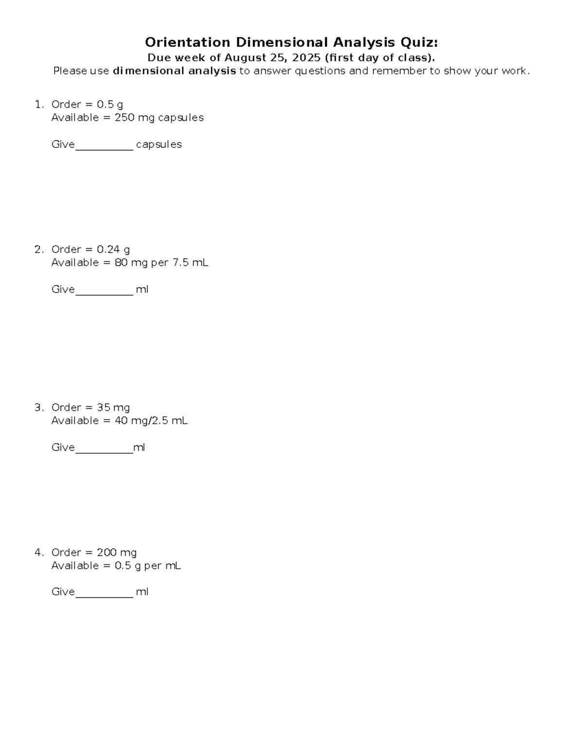 Dimensional Analysis Quiz: Orientation for Course 20252 - Studocu