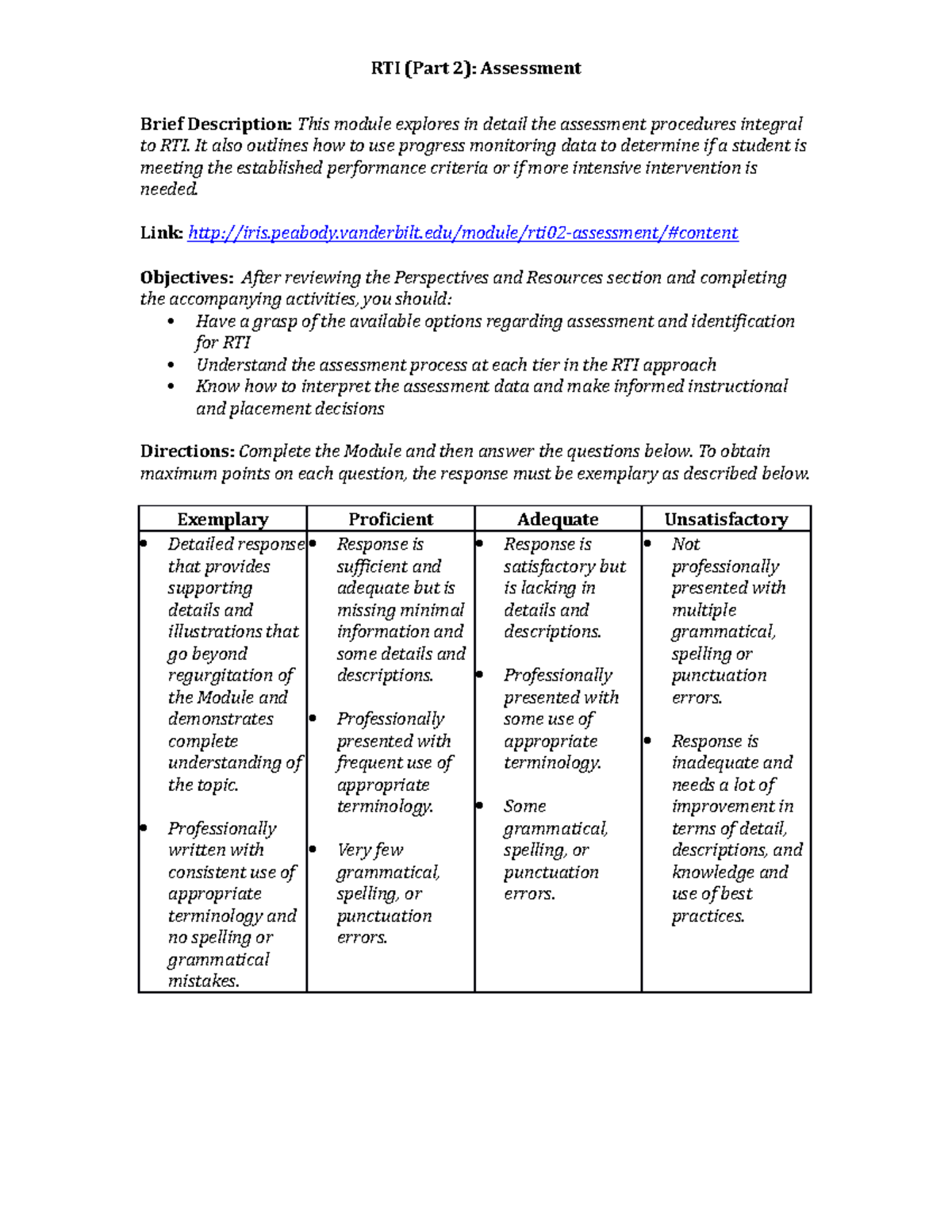 IRIS Module - RTI Assessment Procedures & Question Guide Pt.2 - Studocu