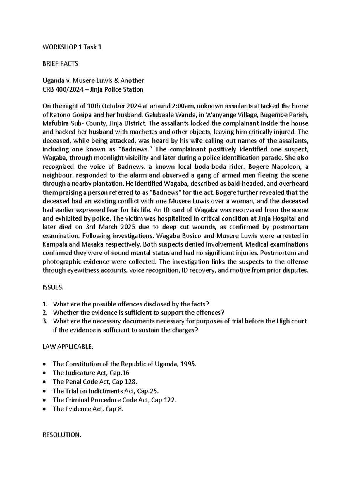 Workshop 1 Criminal M3: Case Study on Uganda v. Musere Luwis - Legal ...