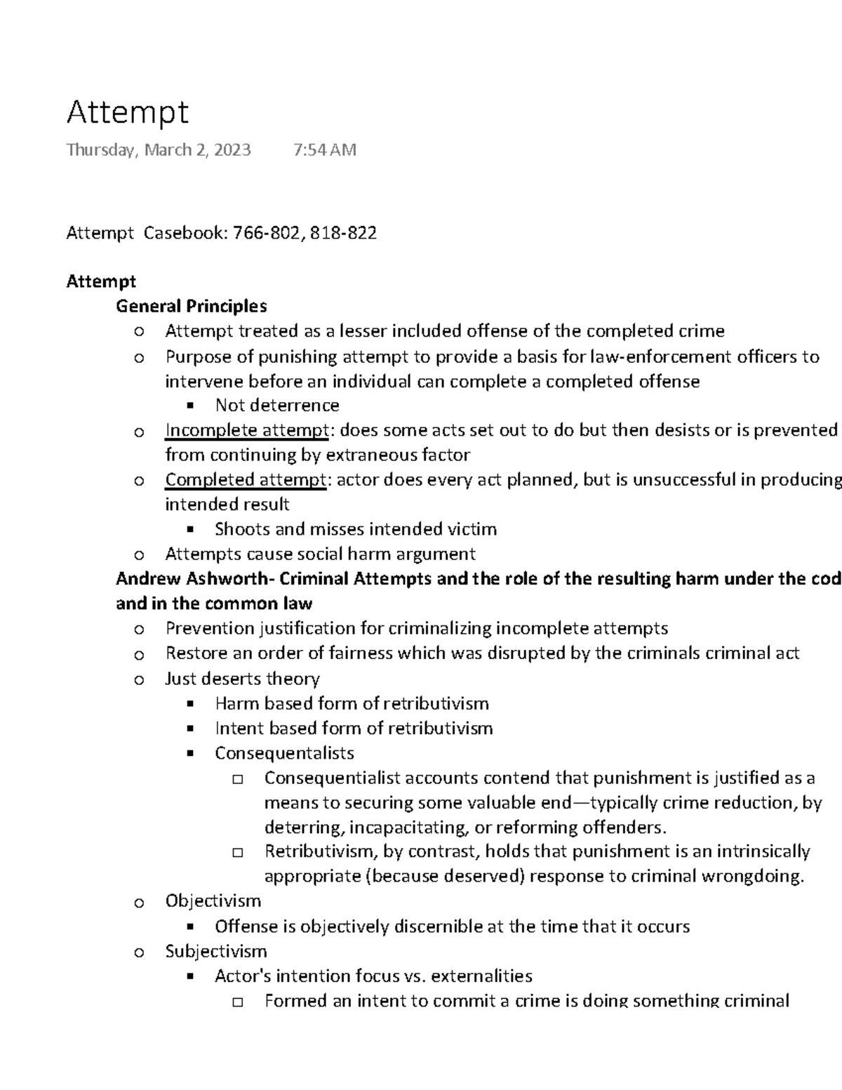 Attempt - crim law - Attempt Casebook: 766-802, 818- Attempt General ...