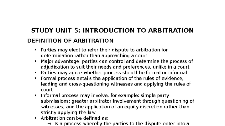 STUDY UNIT 5: INTRODUCTION TO ARBITRATION AND DISPUTE RESOLUTION - Studocu