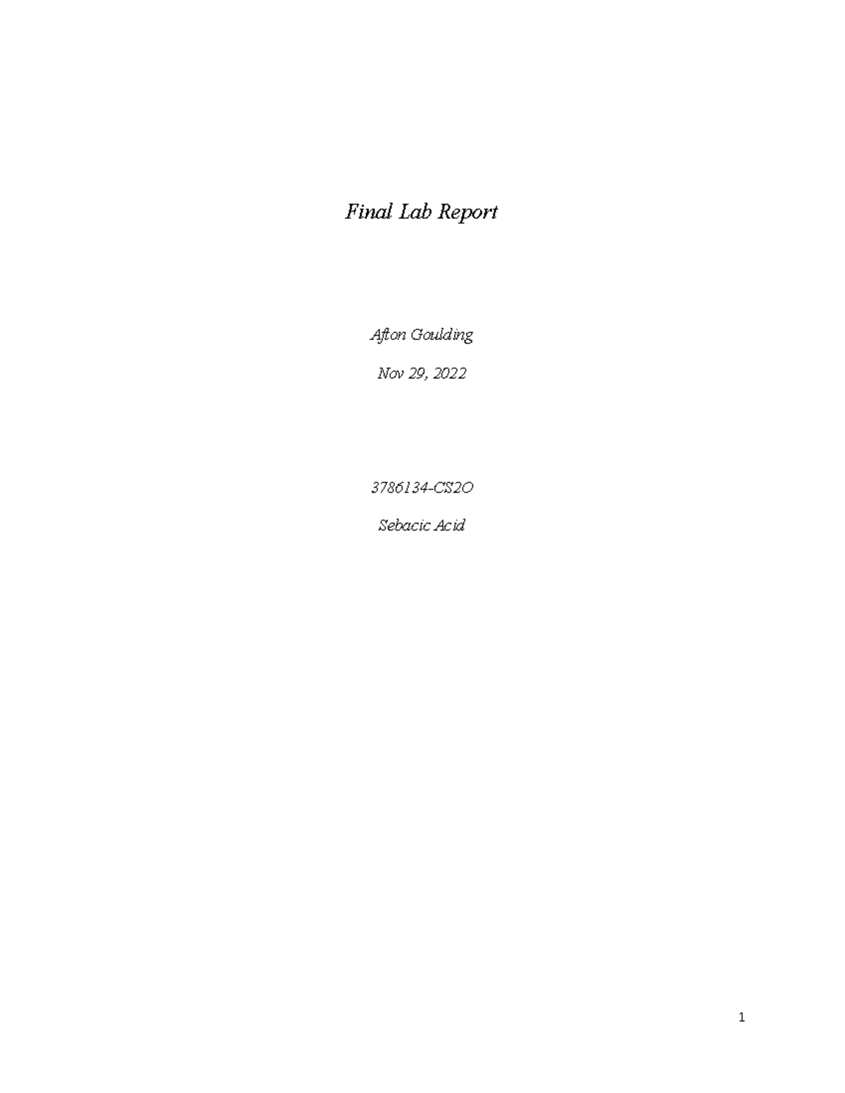 CHEM 1211K Final Lab Report on Sebacic Acid Analysis - Studocu