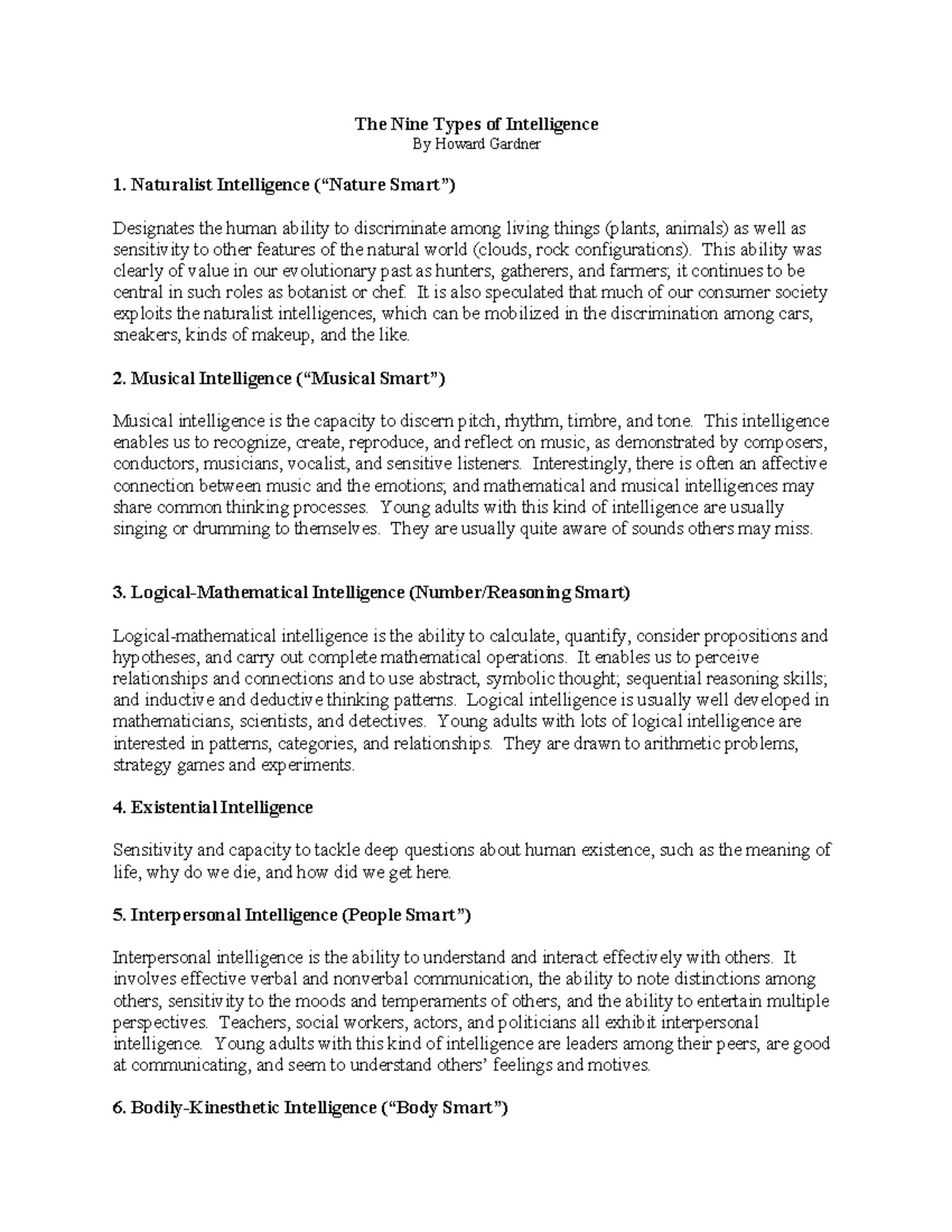 Multiple Intelligences Overview: Insights from Howard Gardner - Studocu