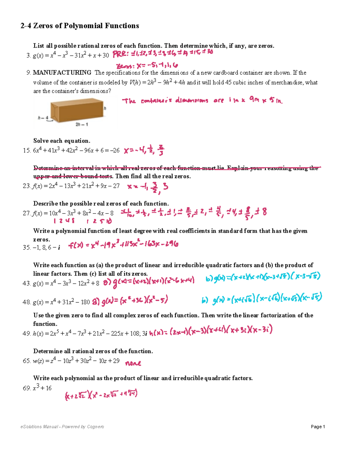 2.4 HW - Finding Zeros of Polynomial Functions (PRR 11,12,13,15) - Studocu