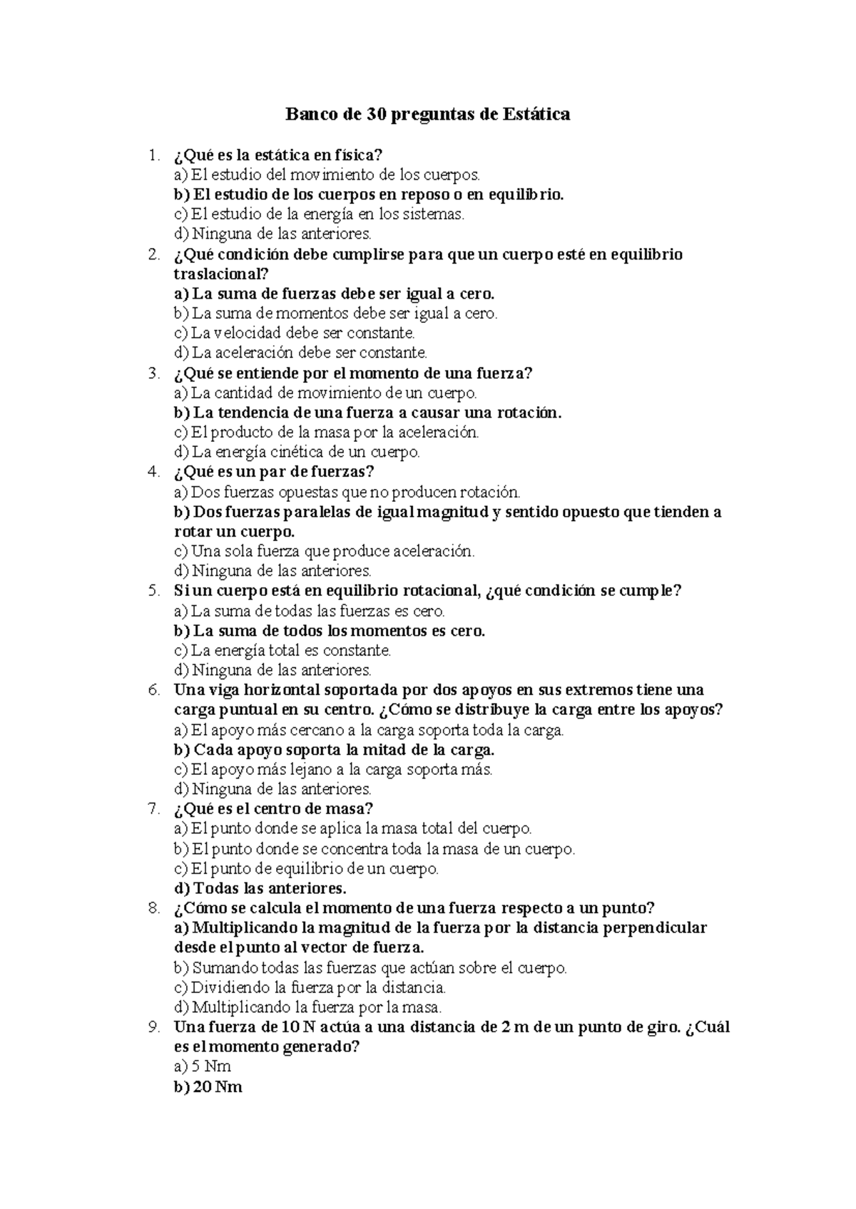 Banco de 30 Preguntas de Estática - Repaso para Examen de Física - Studocu