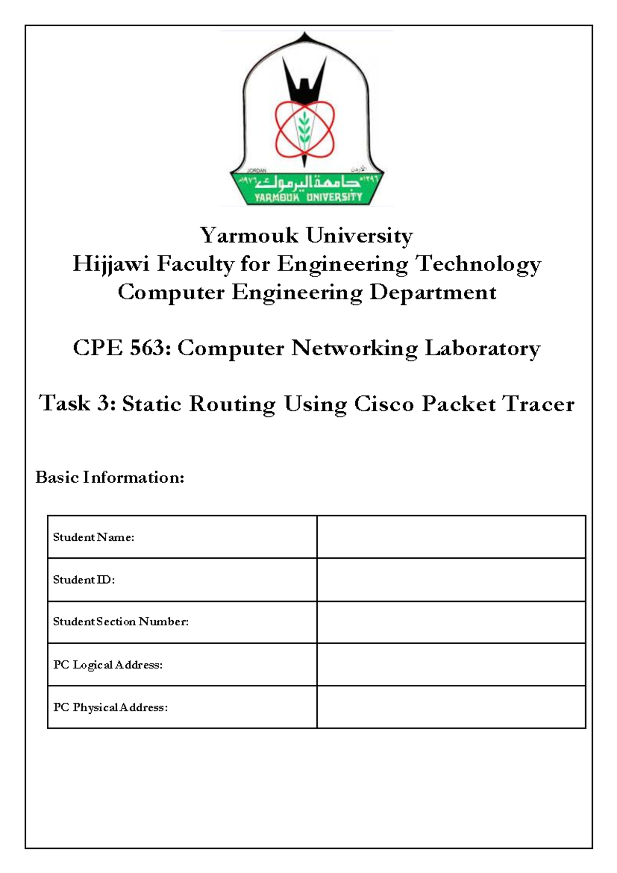 Lab 3 Static Routing Yarmouk University Hijjawi Faculty For Engineering Technology Computer