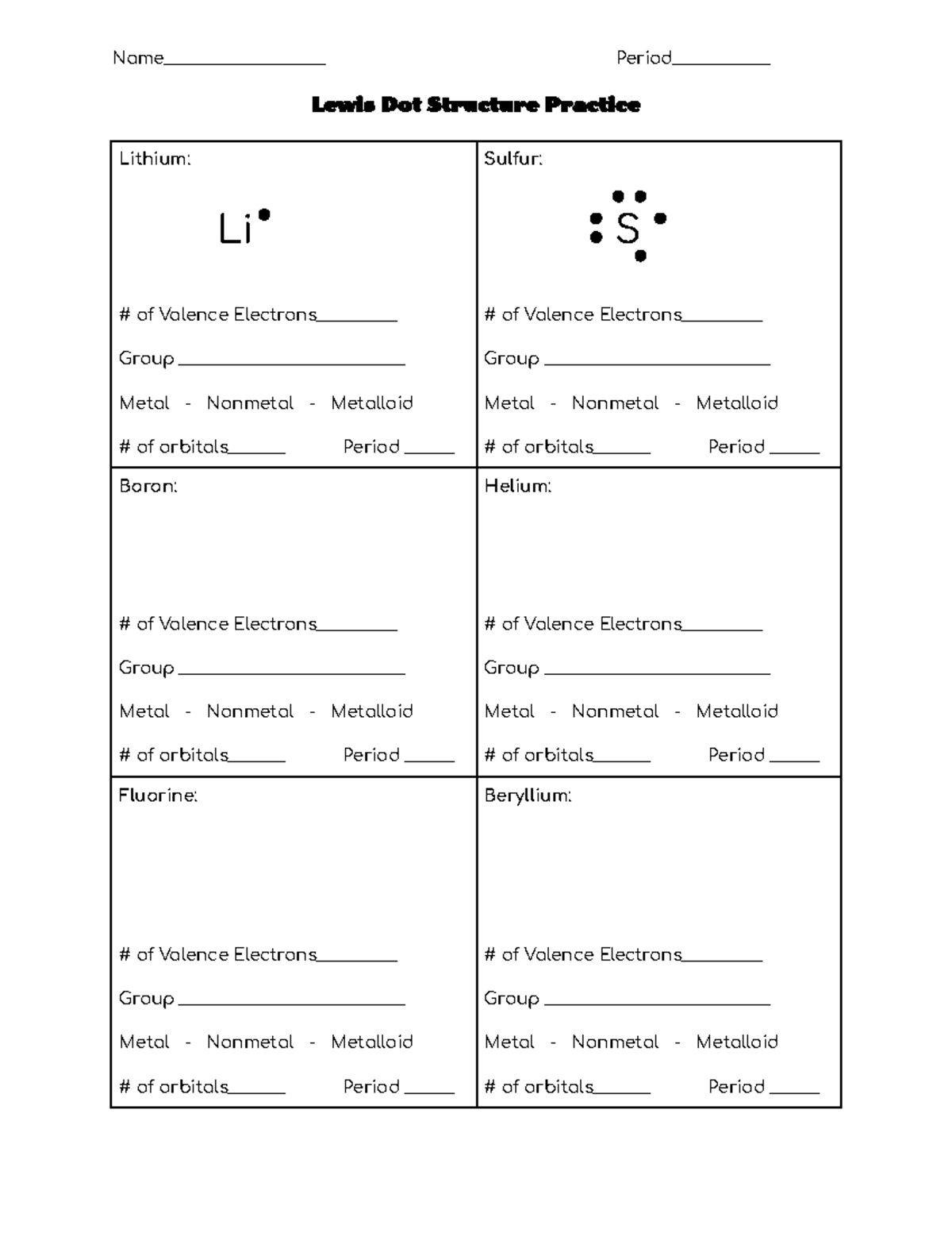 Lewis Dot Structure Practice: Li, S, B, He, F, Be - Studocu