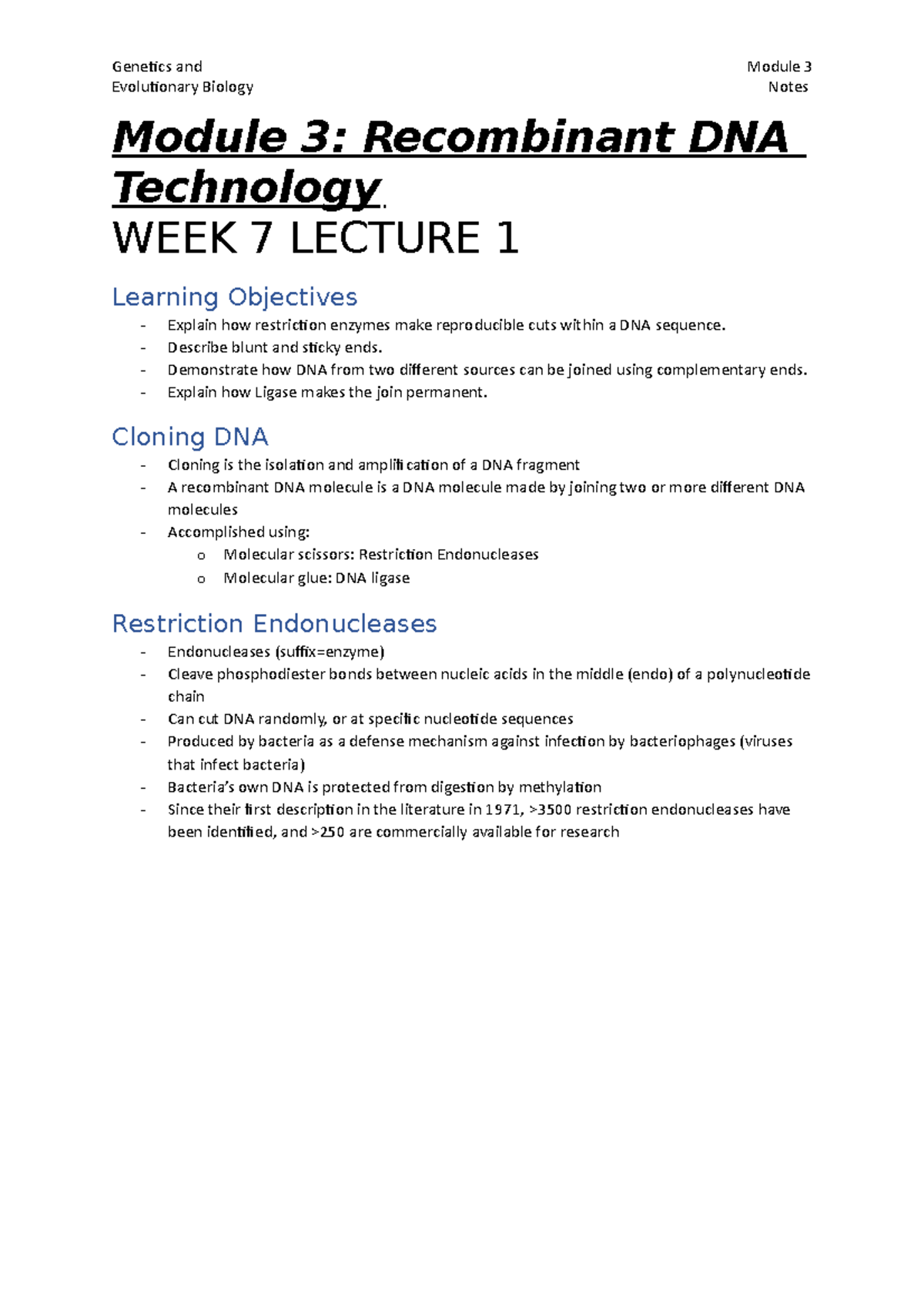 Evolutionary Biology Module 3 Lecture Notes: Recombinant DNA Techniques ...